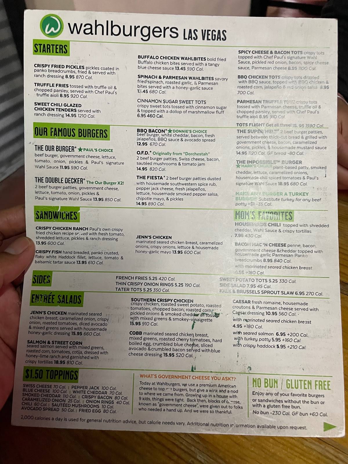 Menu at Wahlburgers restaurant, Las Vegas, Las Vegas Blvd S Unit 100