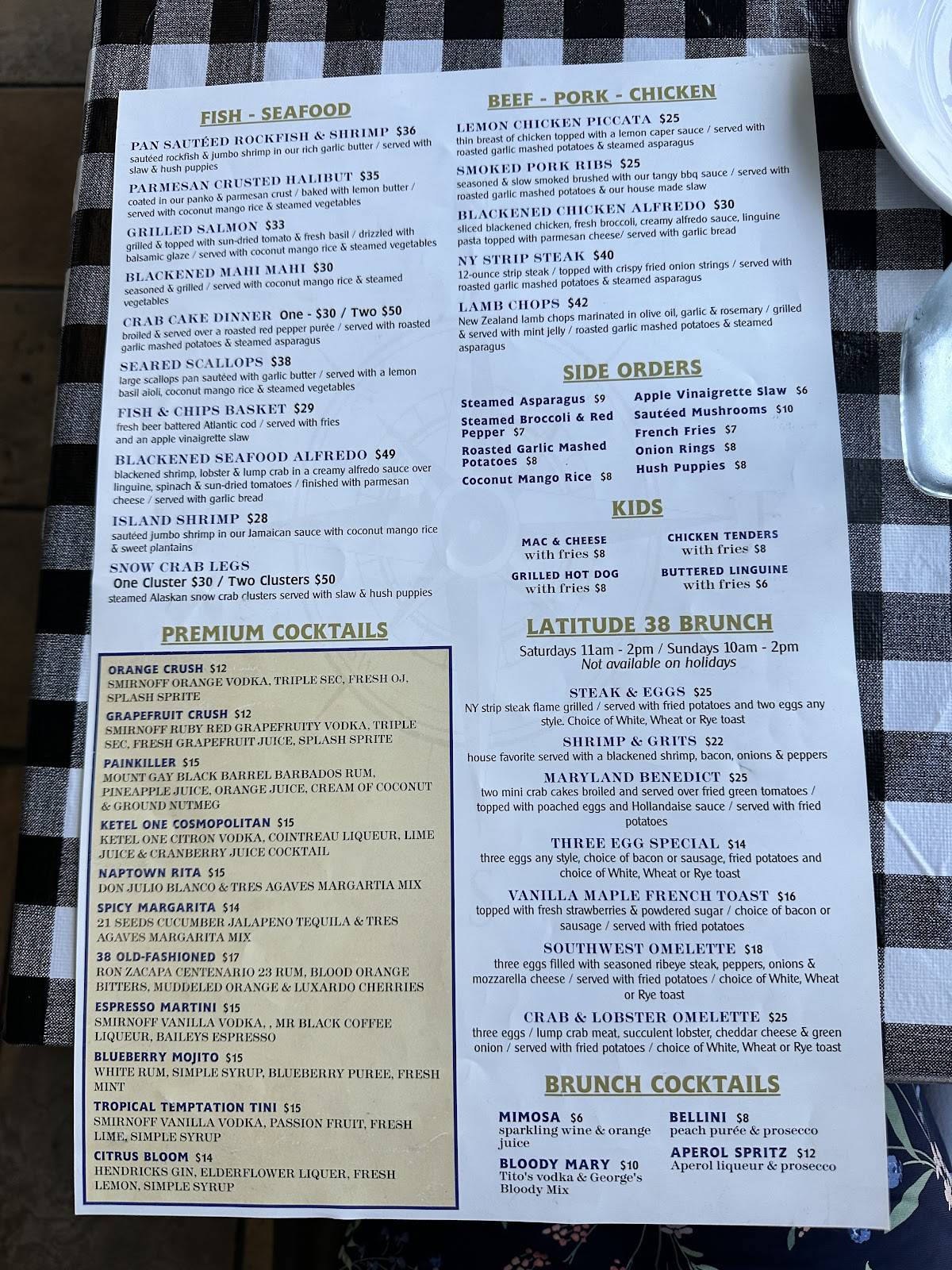 Menu at Latitude 38° Waterfront Dining restaurant, Annapolis