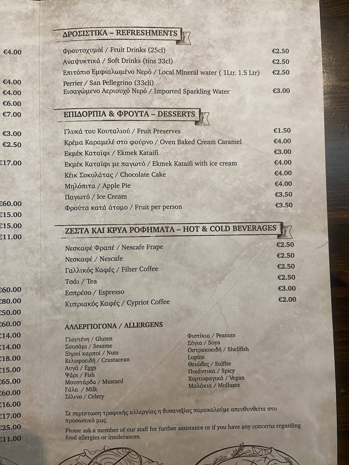 Menu at Latsi Fish tavern, Nicosia