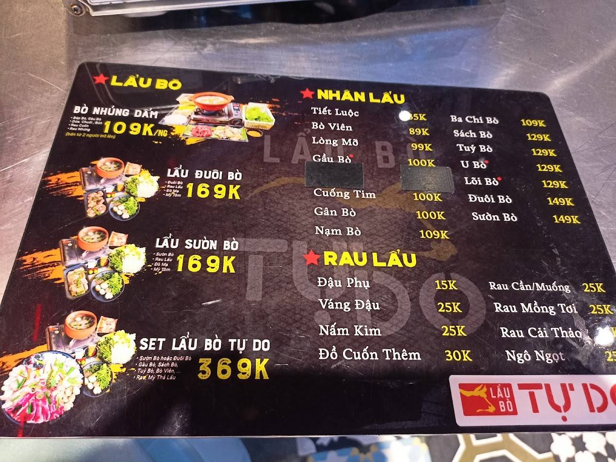 Menu at Lẩu Bò Tự Do restaurant, Hanoi, 58 P. Khúc Thừa Dụ