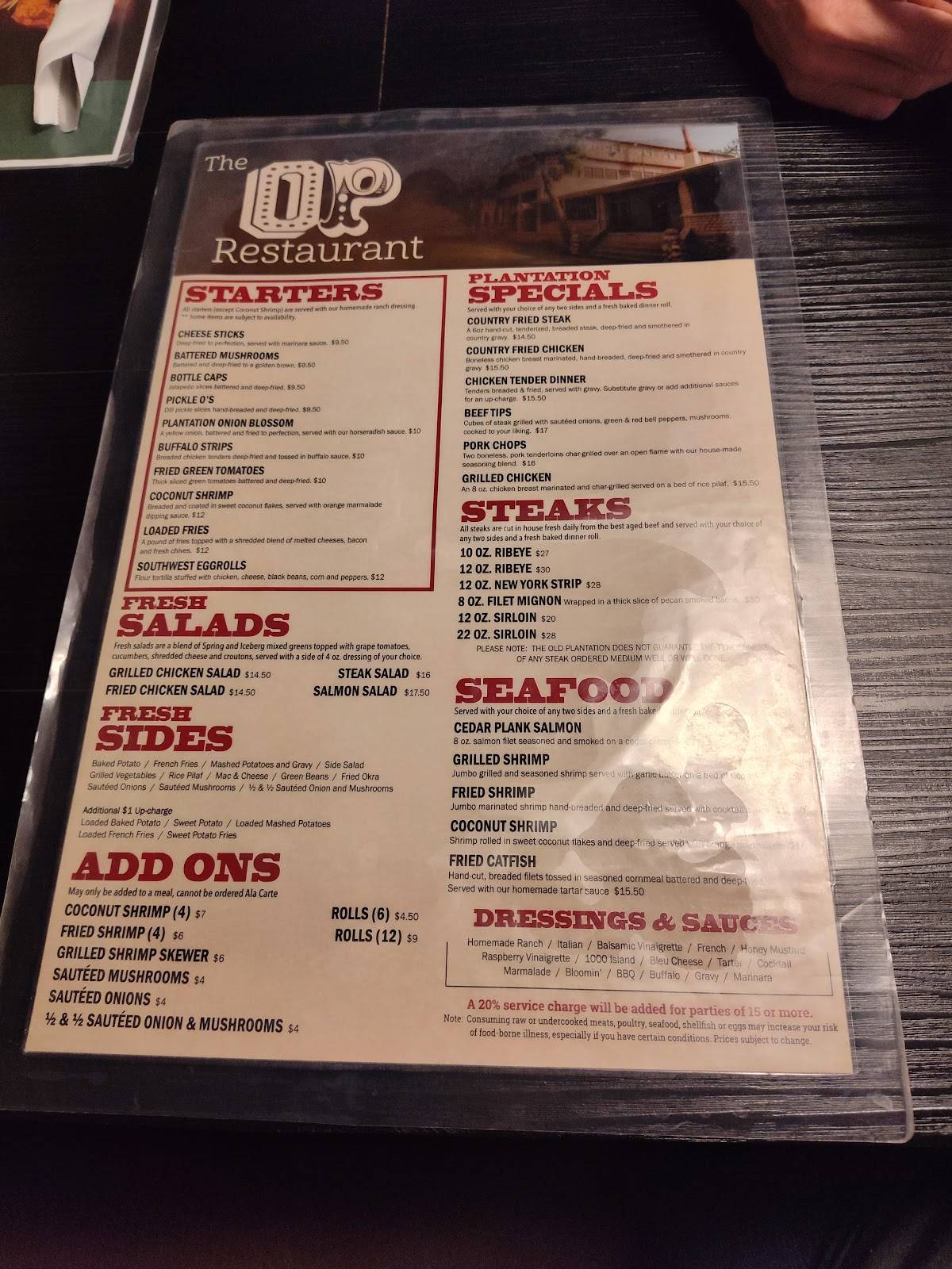 Menu at The Old Plantation Restaurant, Medicine Park