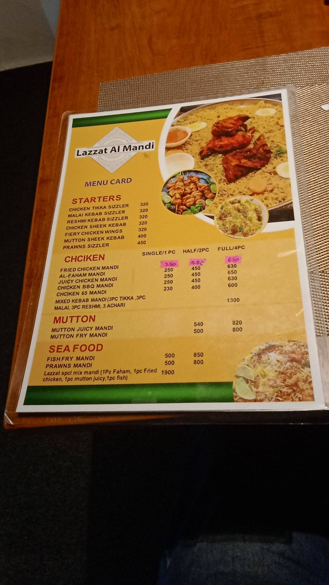 Menu at Lazzat Al Mandi, Hyderabad
