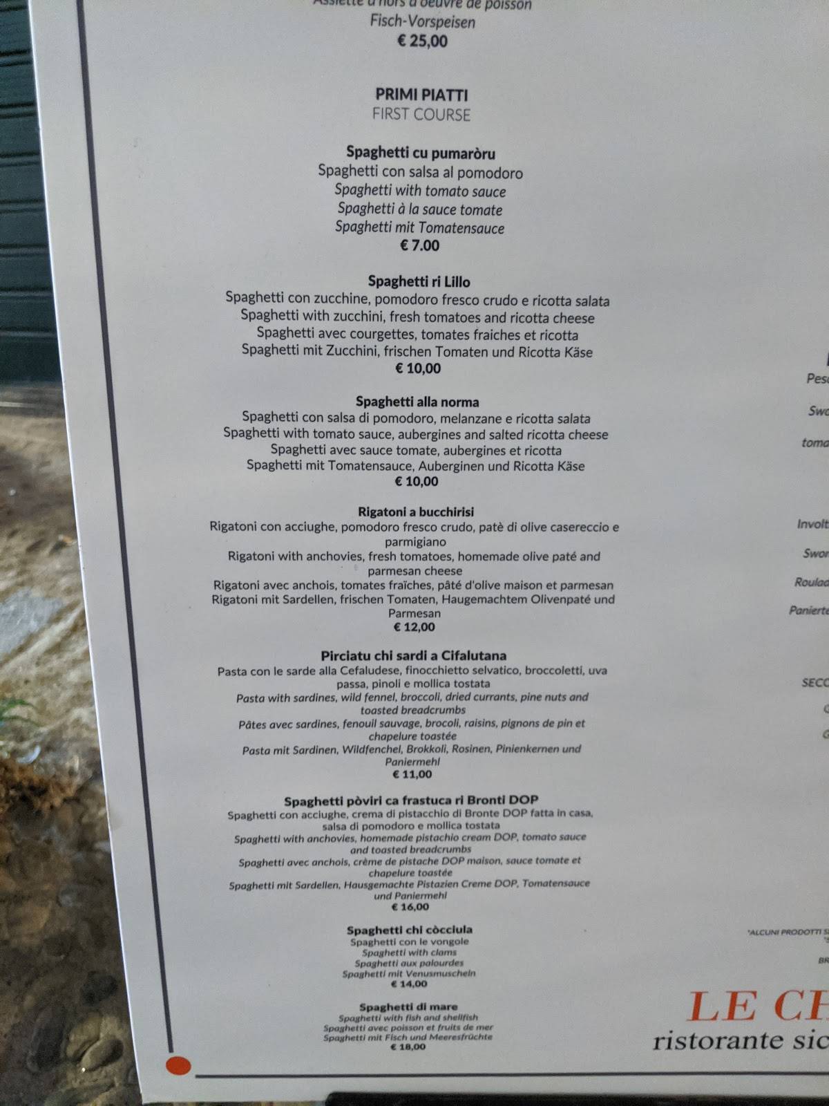 Menu da Le Chat Noir ristorante, Cefalù