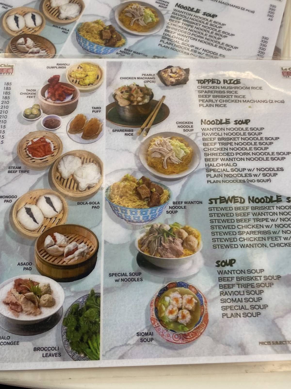 Menu at Le Ching Tea House restaurant, San Juan, Shoppesville