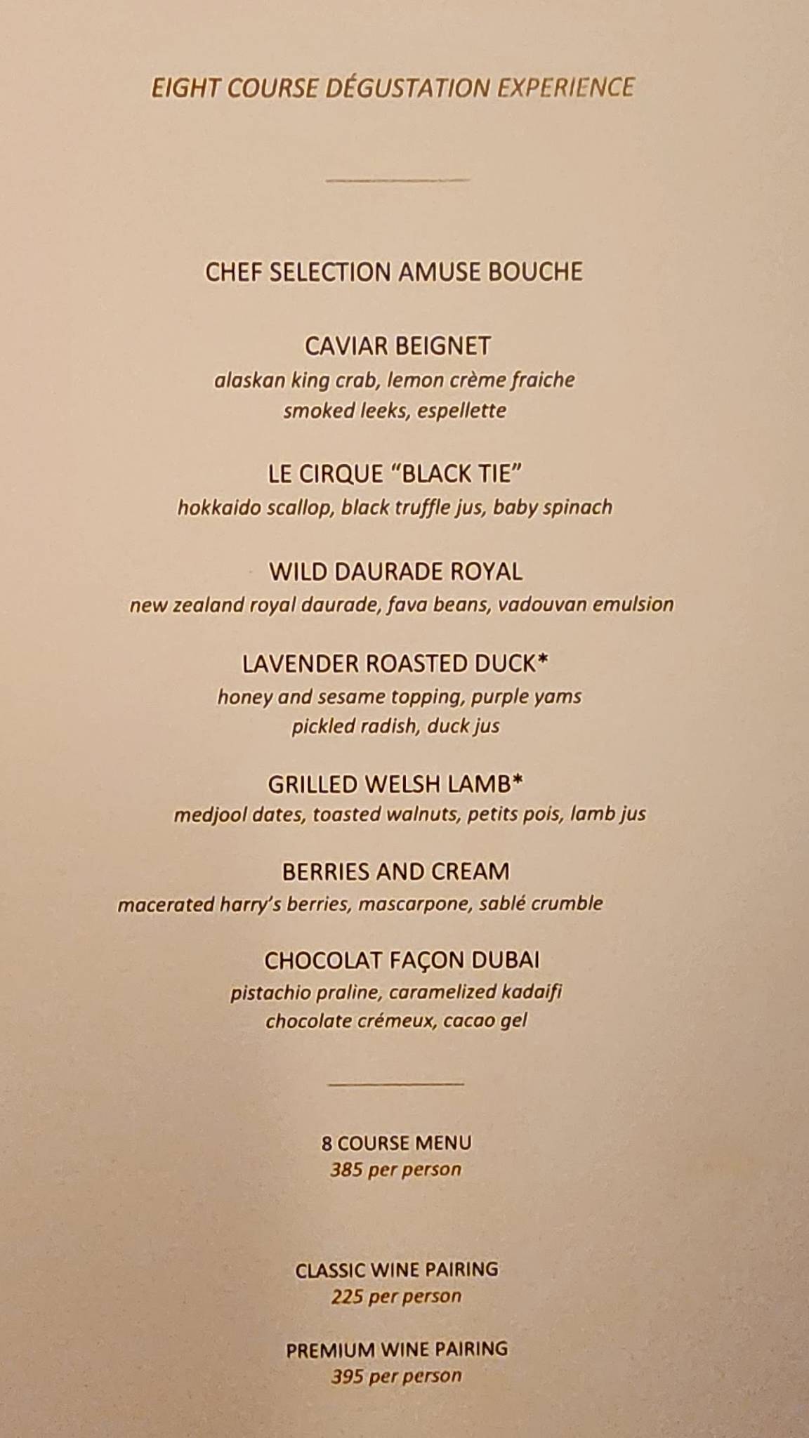 Menu at Le Cirque restaurant, Las Vegas