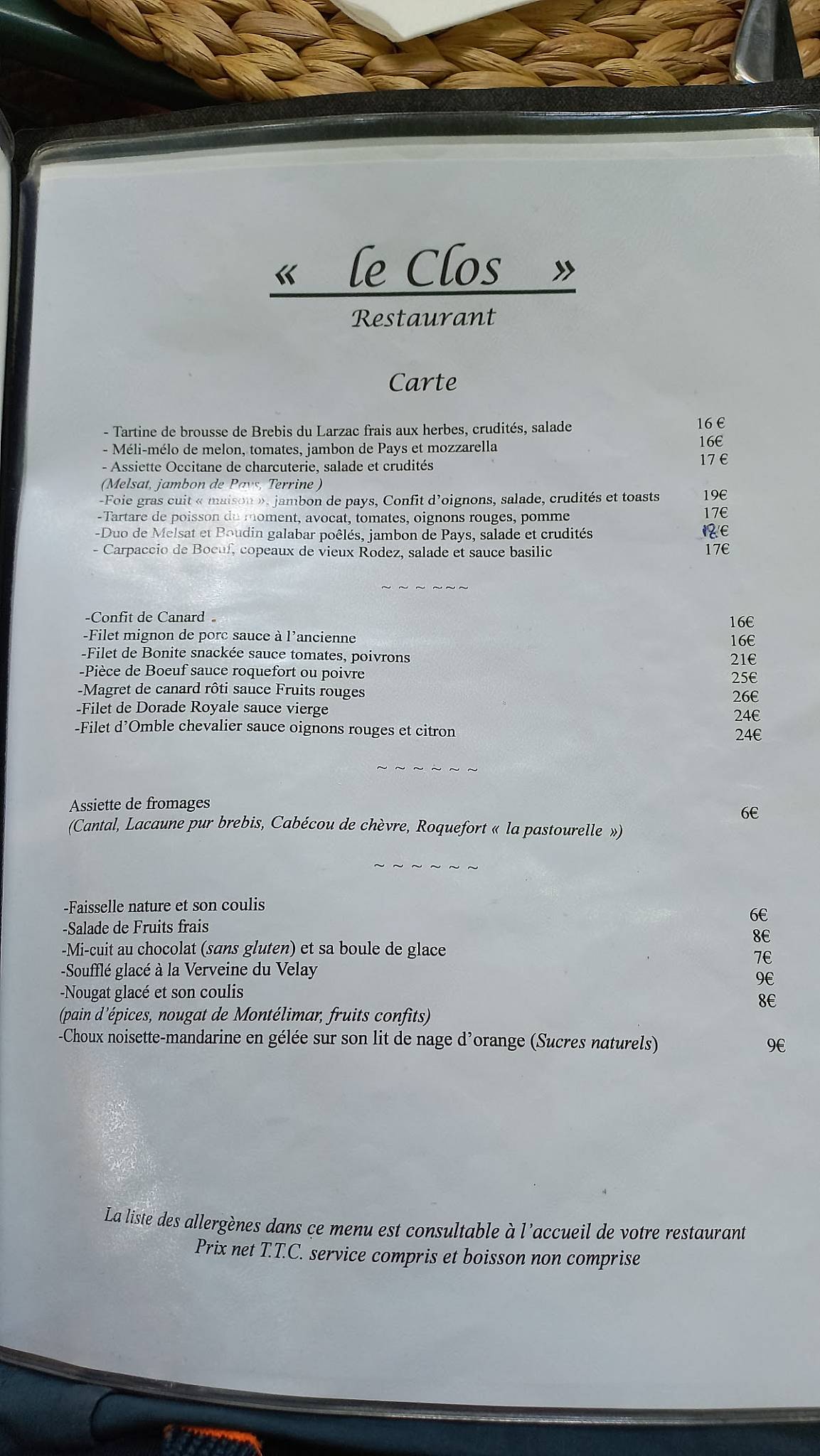 Menu au Le Clos restaurant, Albi