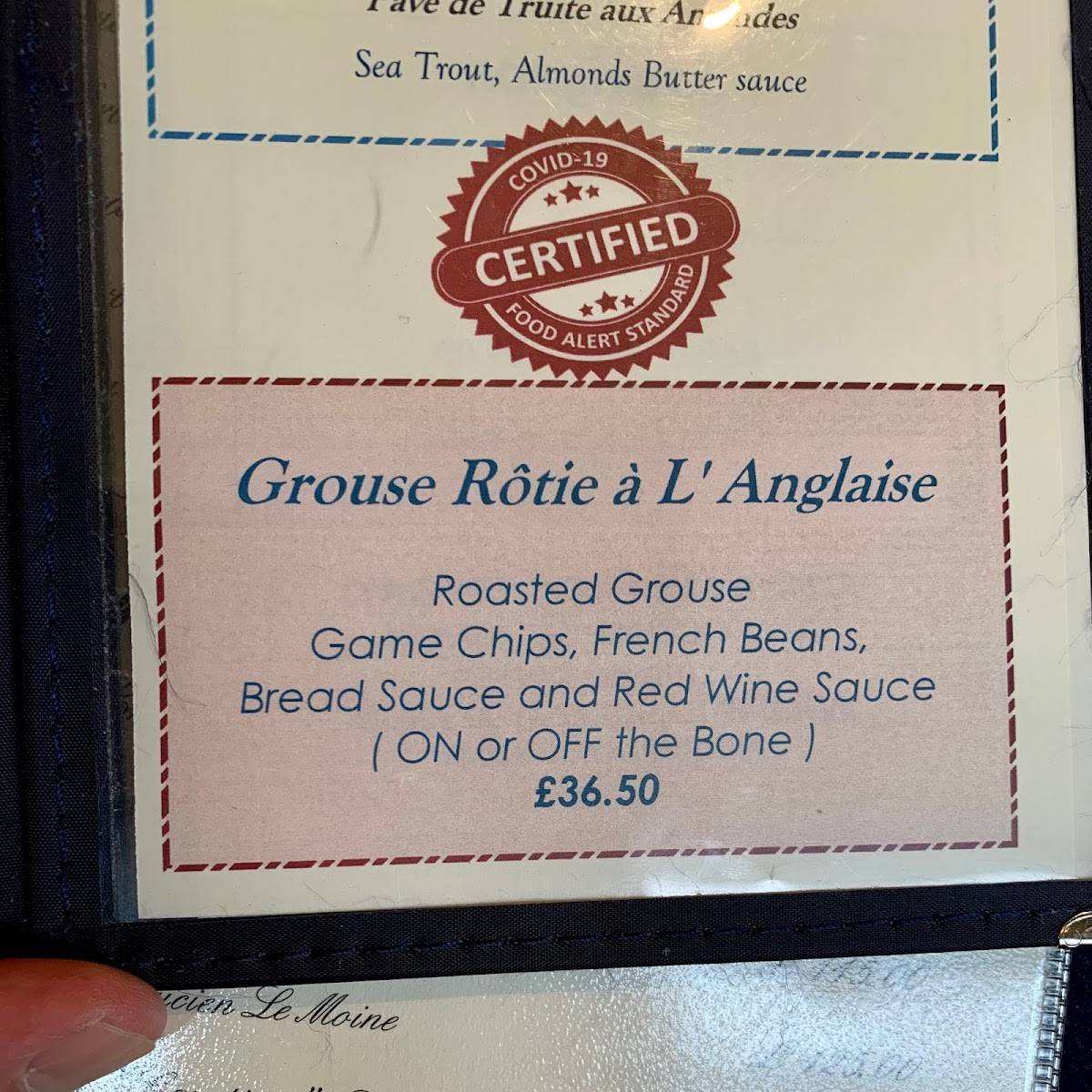 Menu at Le Colombier restaurant, London