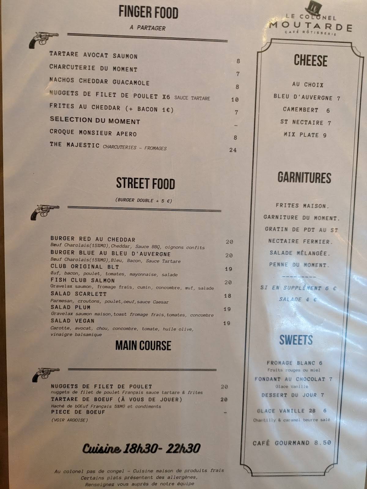 Menu at Le Colonel Moutarde cafe, Paris, 85 Bd Haussmann