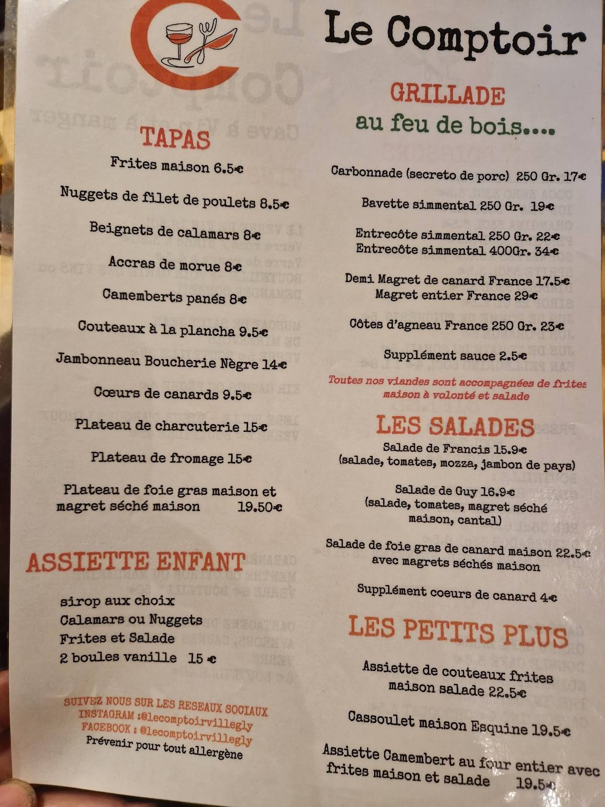 Carta del restaurante Le Comptoir, Villegly