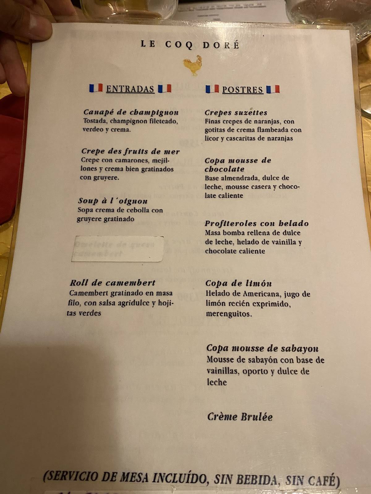 Carta del restaurante Le Coq Dore, San Fernando