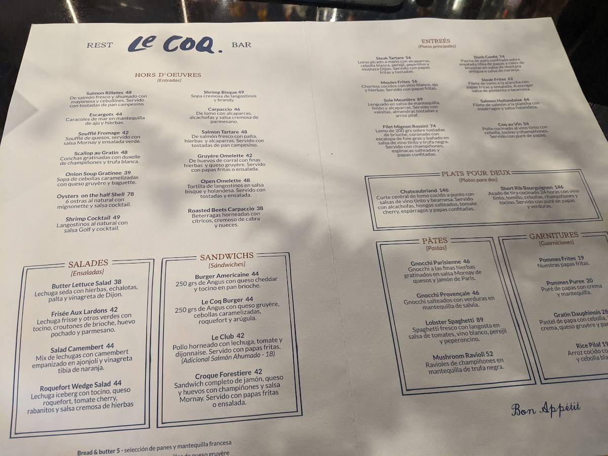 Menu at Le Coq restaurant, San Isidro