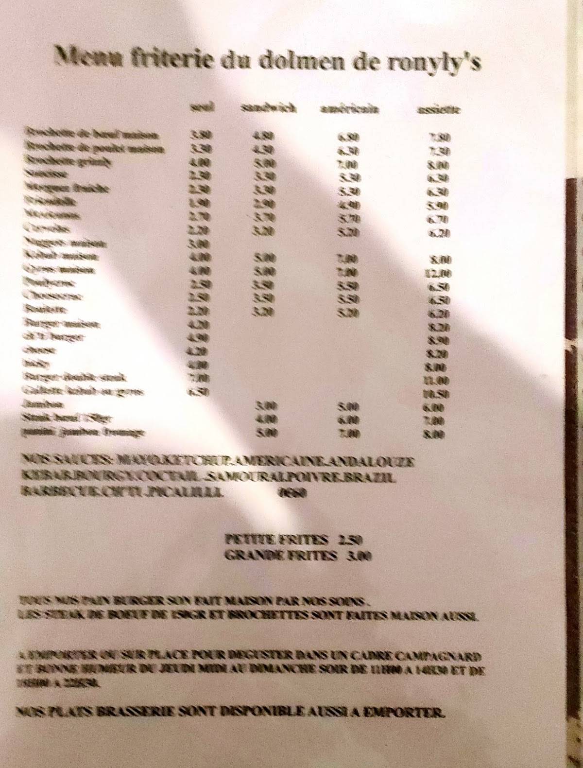 Menu au Le Dolmen de Ronyly's Bar, Brasserie, Friterie, Odomez
