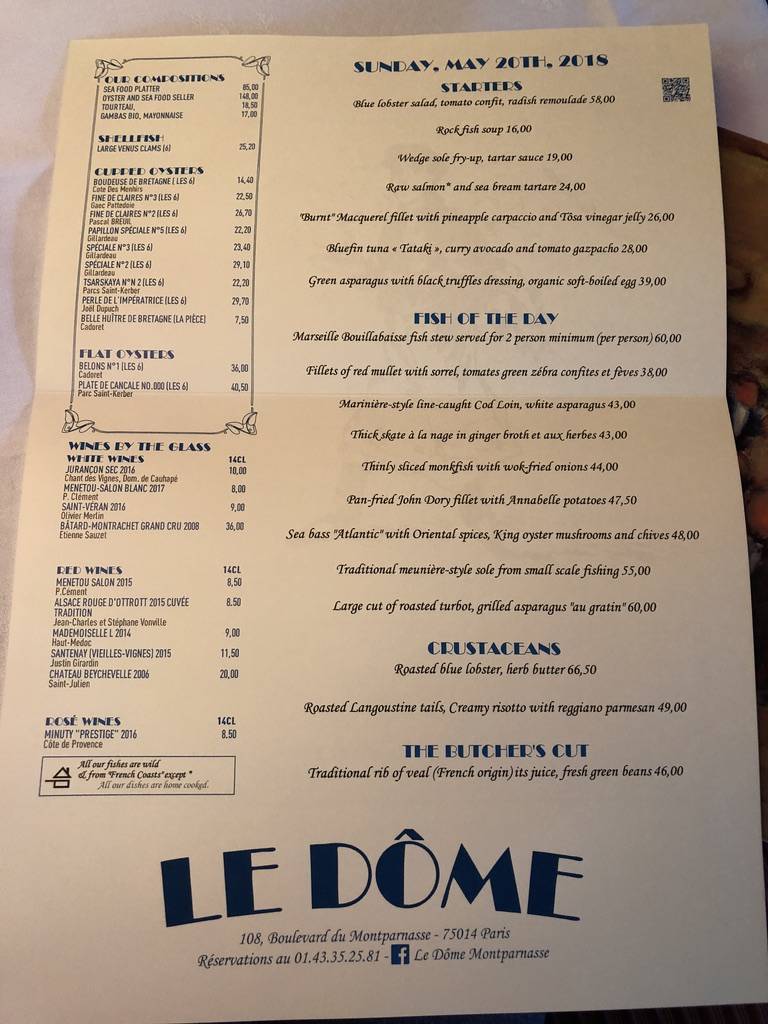 Menu au Le Dôme Montparnasse restaurant, Paris, 108 Boulevard du ...