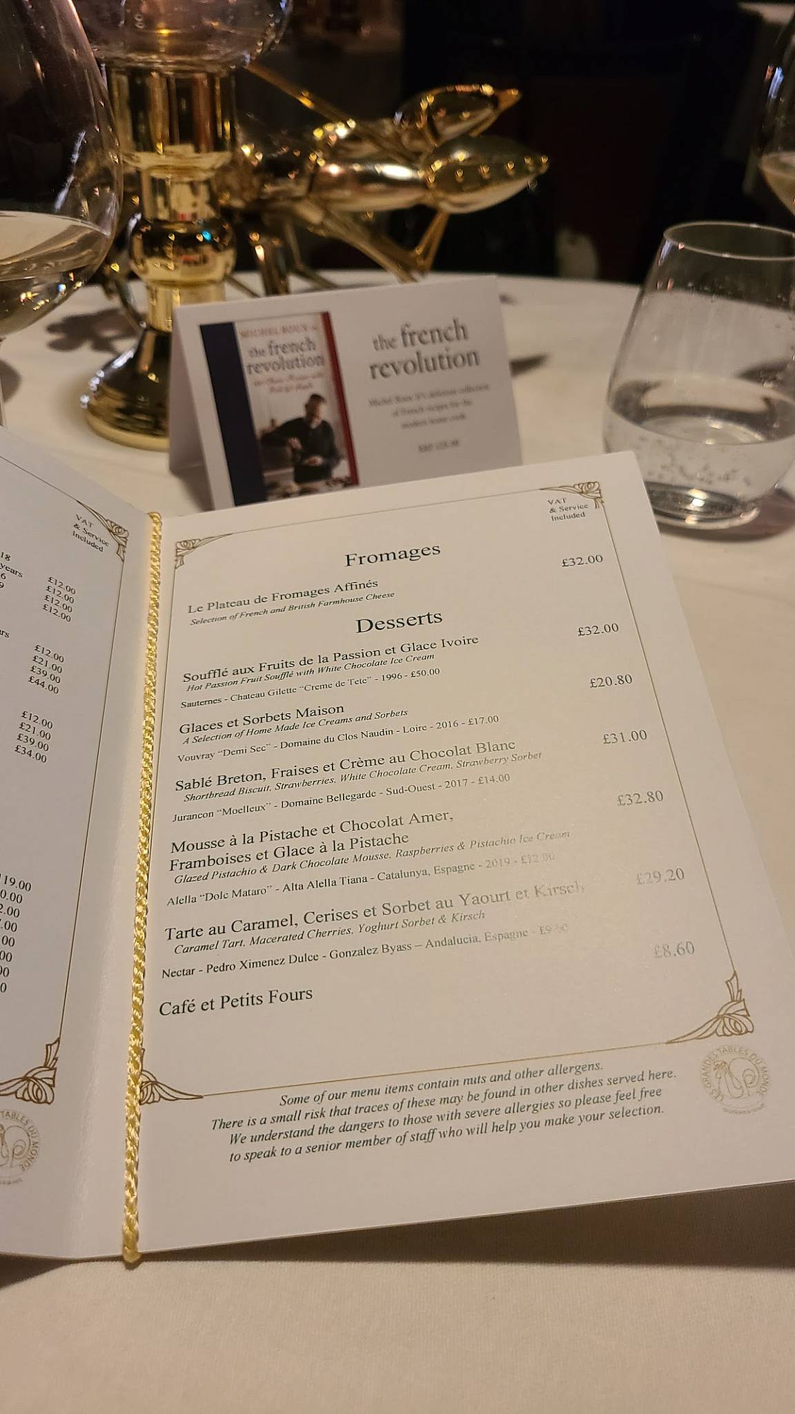 Menu at Le Gavroche restaurant, London