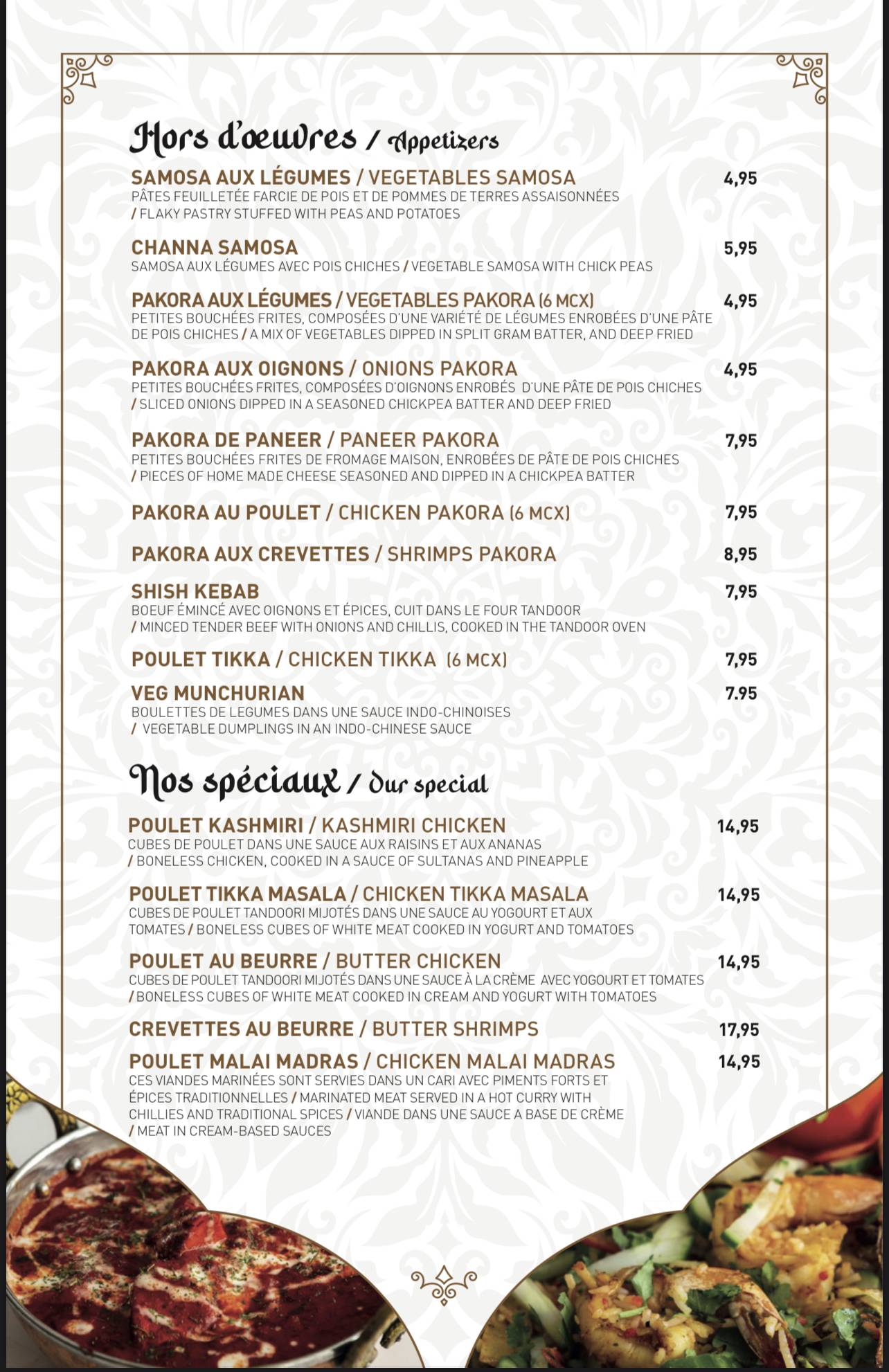 Menu at Le Mantra restaurant, Longueuil