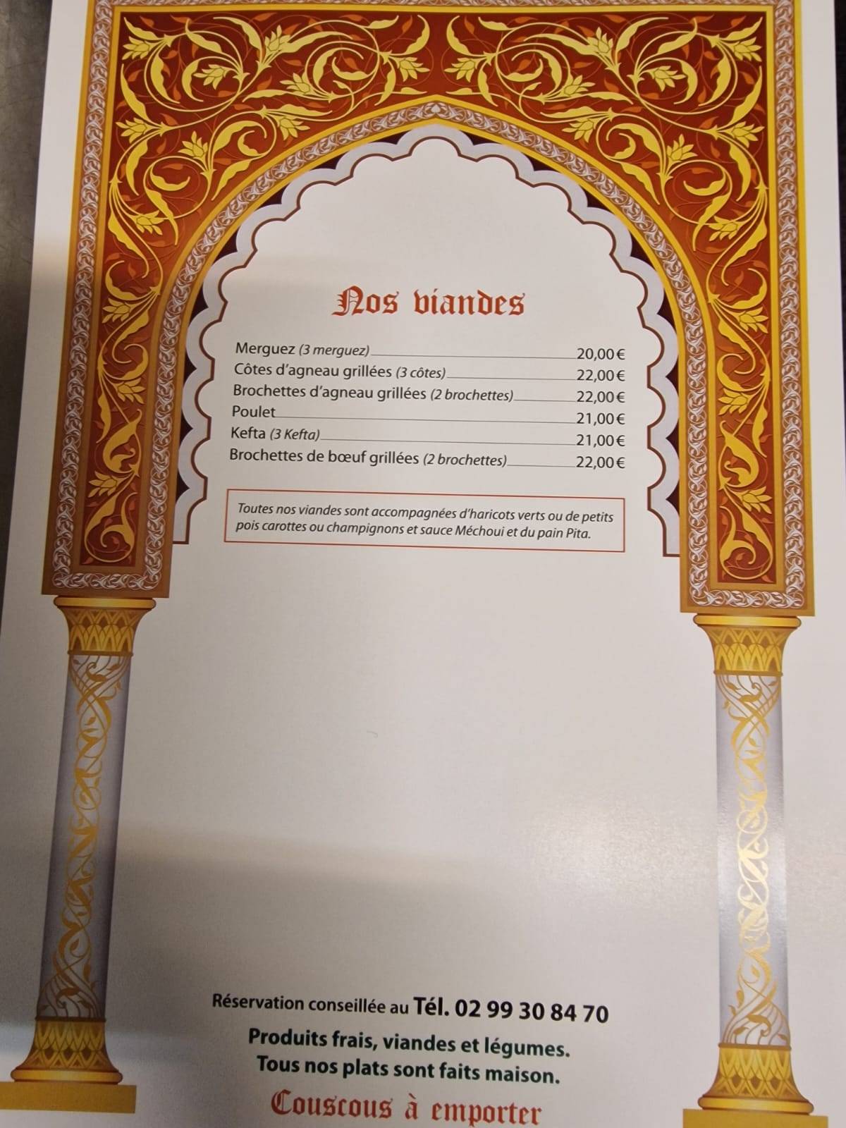 Menu au Le Marrakech restaurant, Rennes