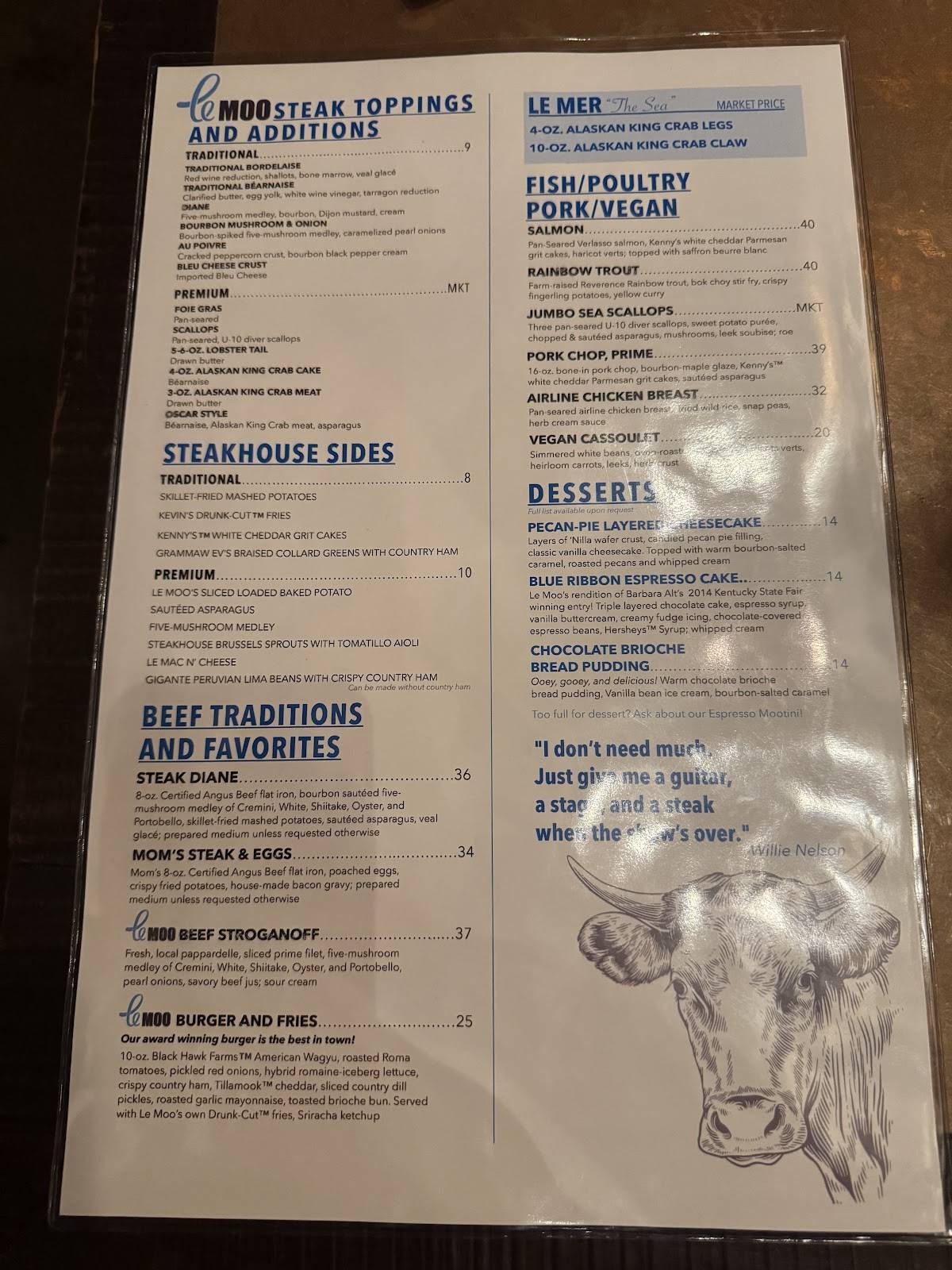 Menu at Le Moo steakhouse, Louisville