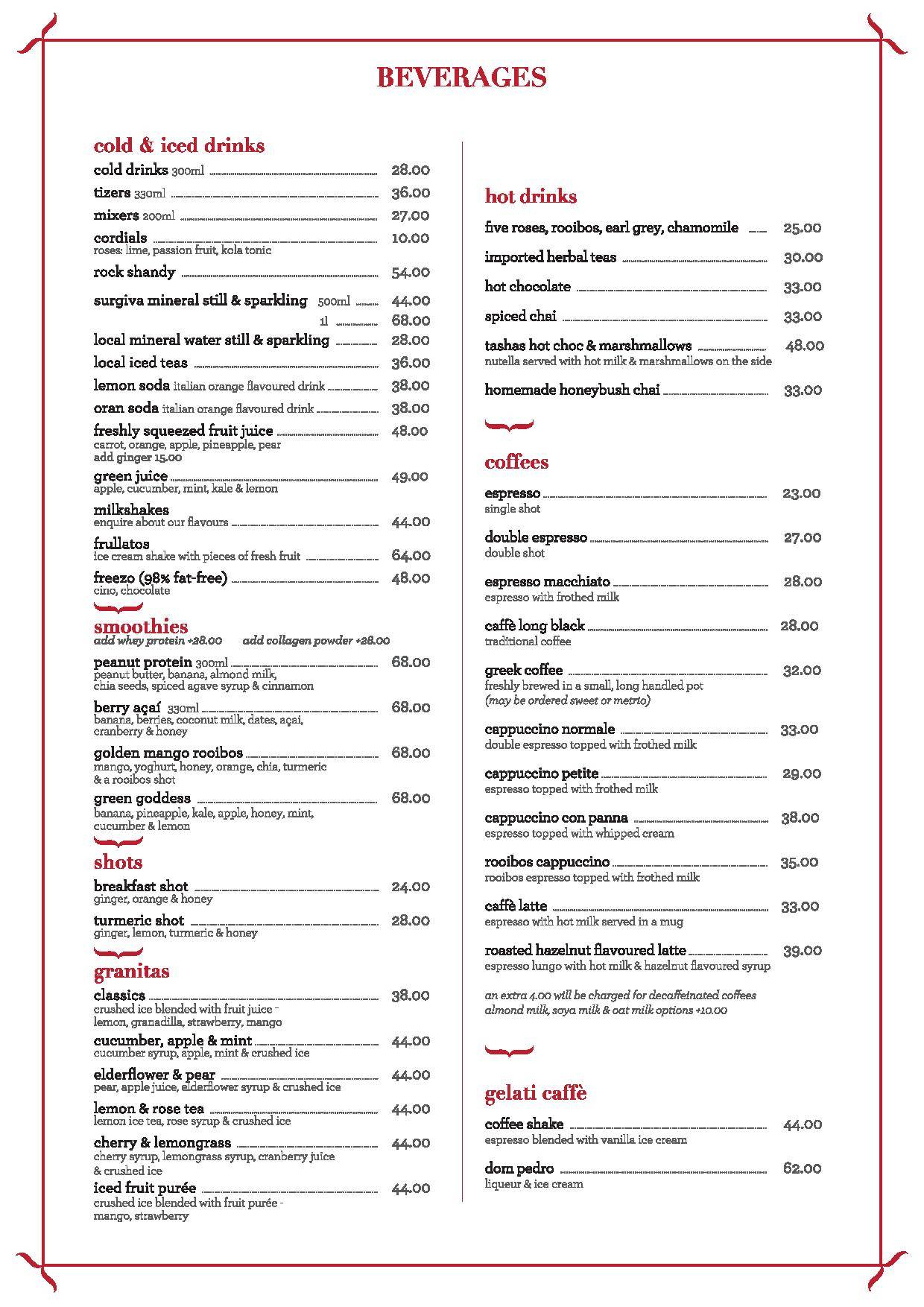 Menu au Le Parc by tashas restaurant, Johannesburg