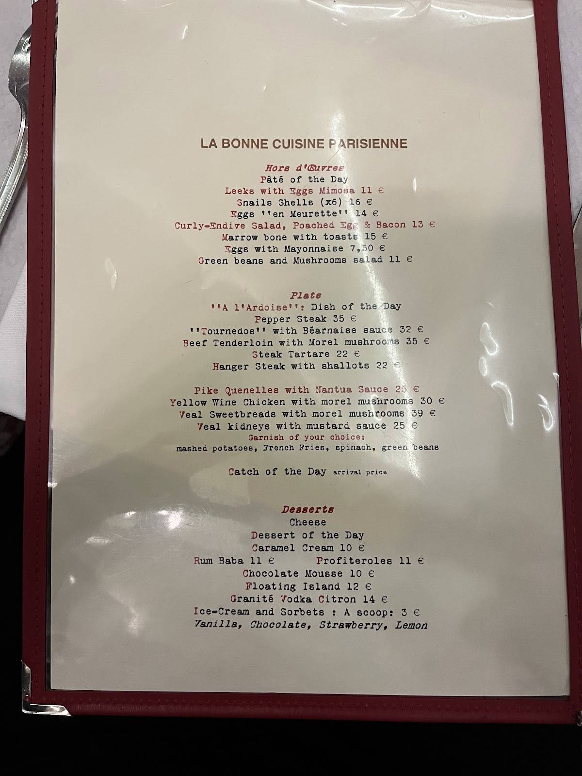 Menu au Le Paris Seize restaurant, Paris, 18 Rue des Belles Feuilles