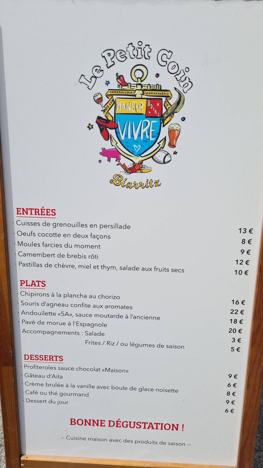 Menu au Restaurant Le Petit Coin Biarritz, Biarritz