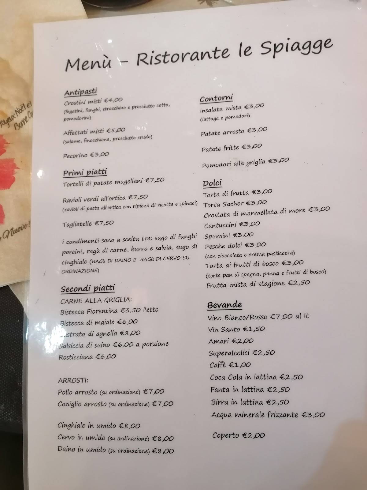 Menu au Le Spiagge Di Tamara restaurant, Italie
