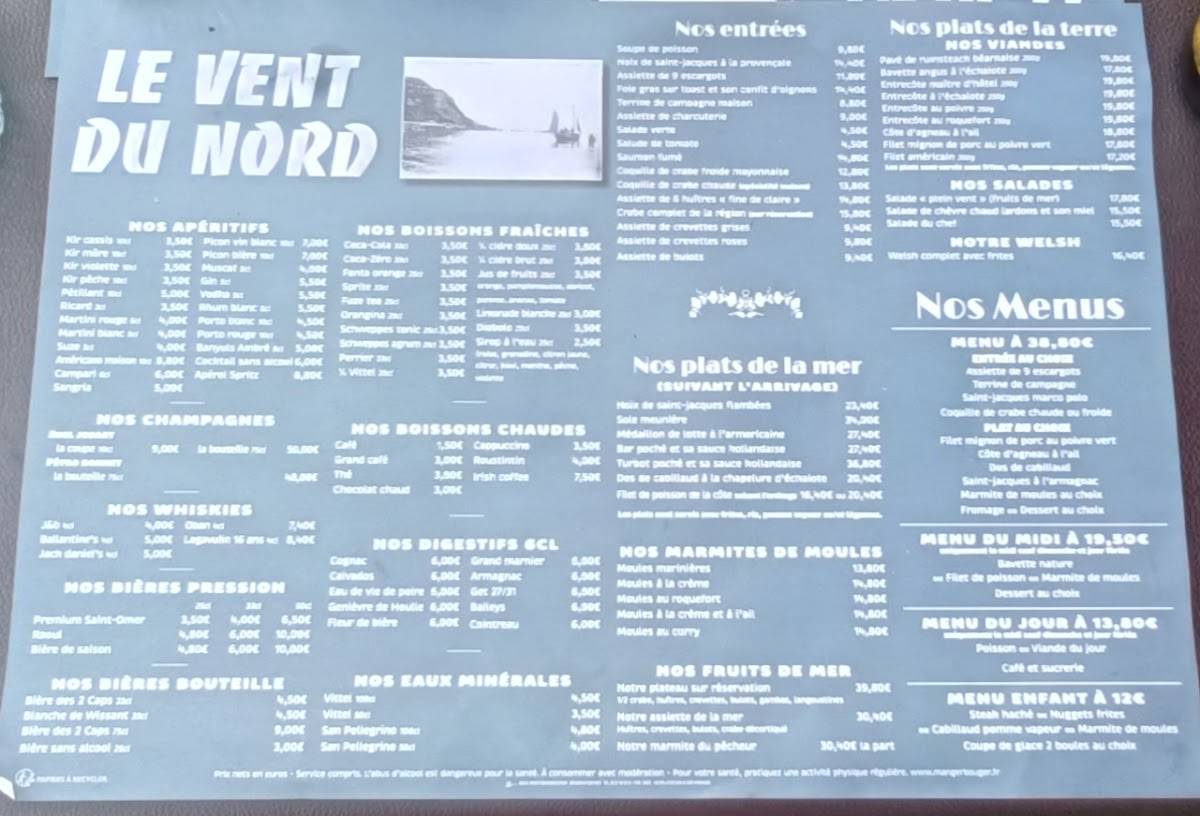 Menu au Le Vent du Nord restaurant, Audinghen