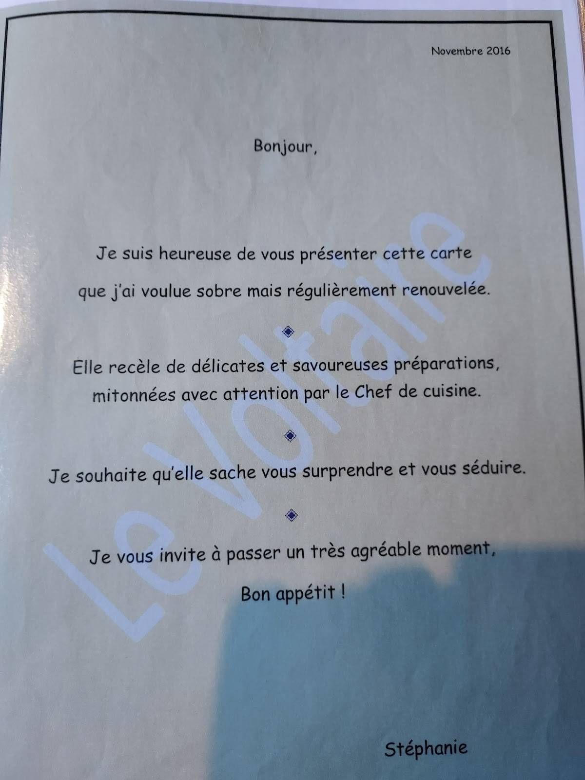 Menu au Le Voltaire restaurant, Langeac