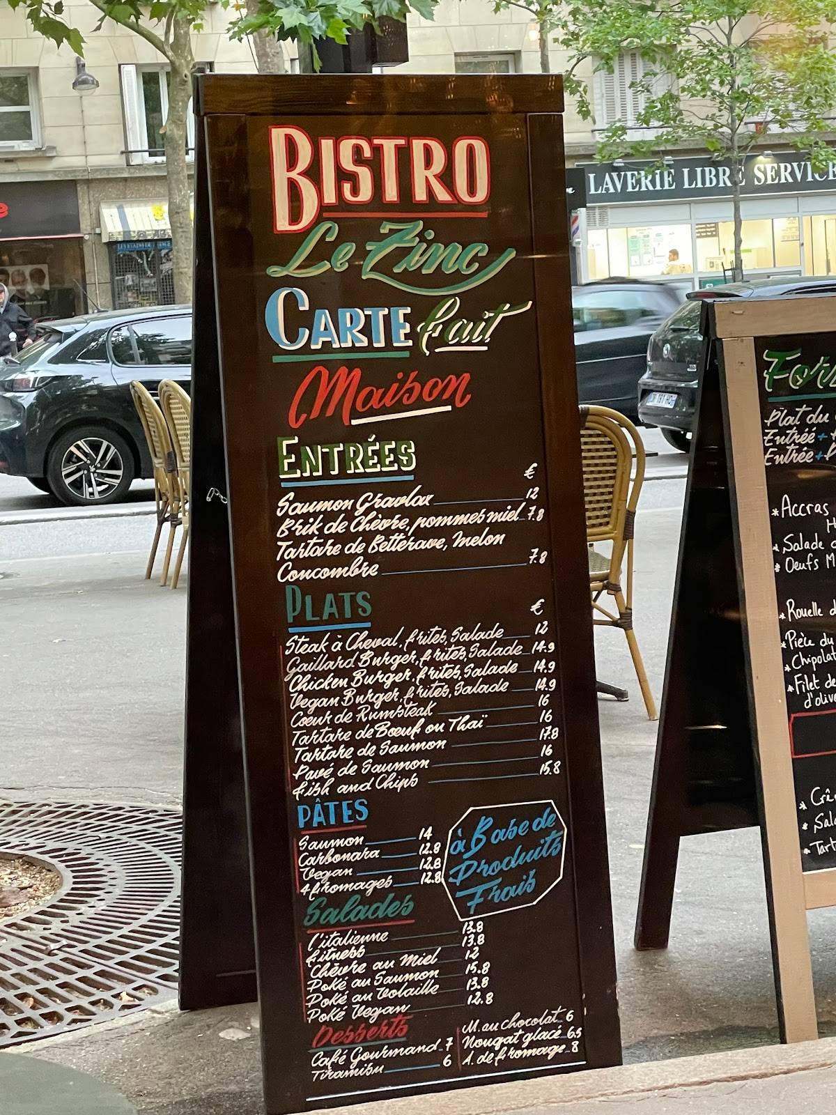 Menu au Le Zinc restaurant, Paris, 25 Bd de Reuilly