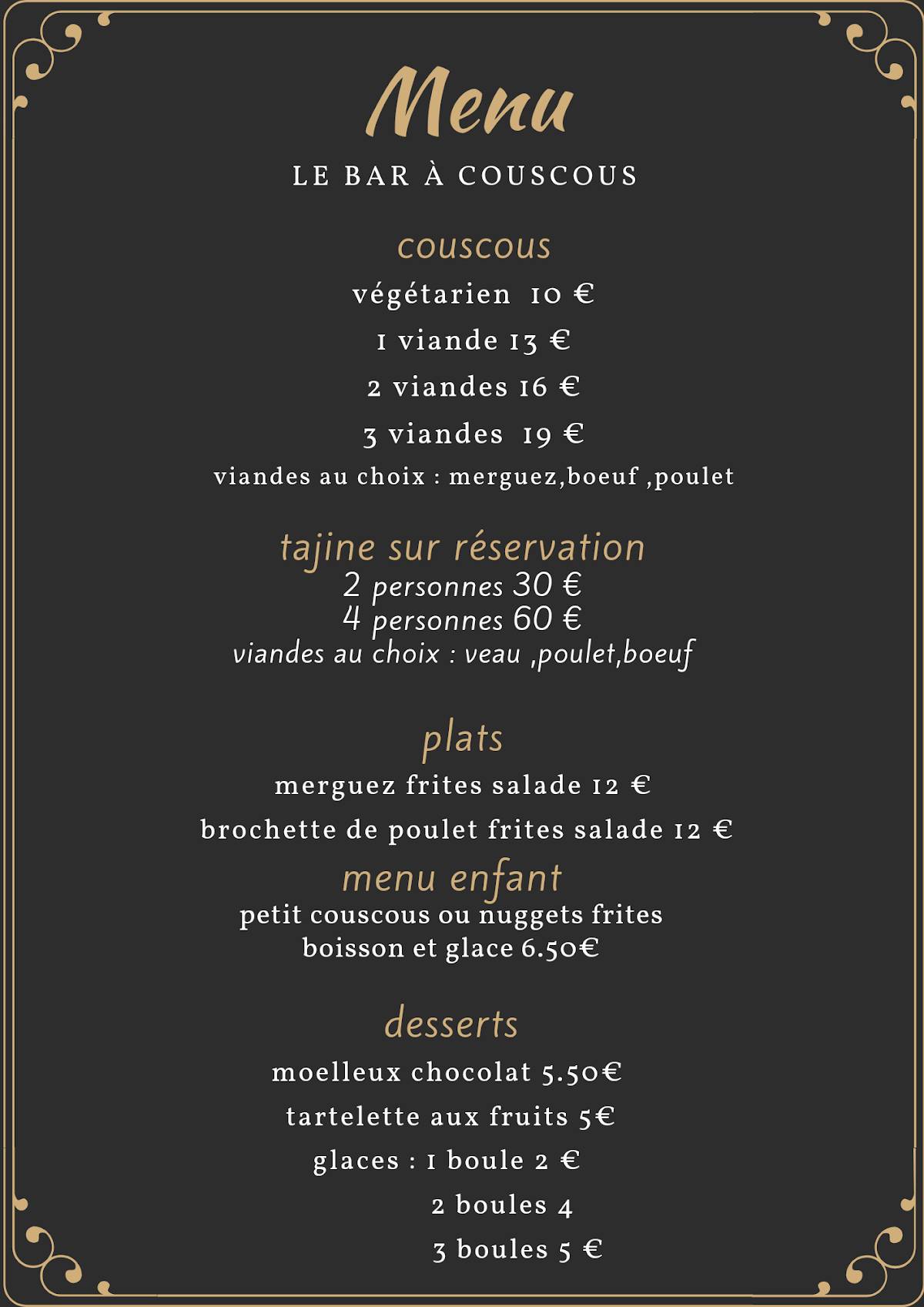 Menu au Le bar à couscous, Sedan