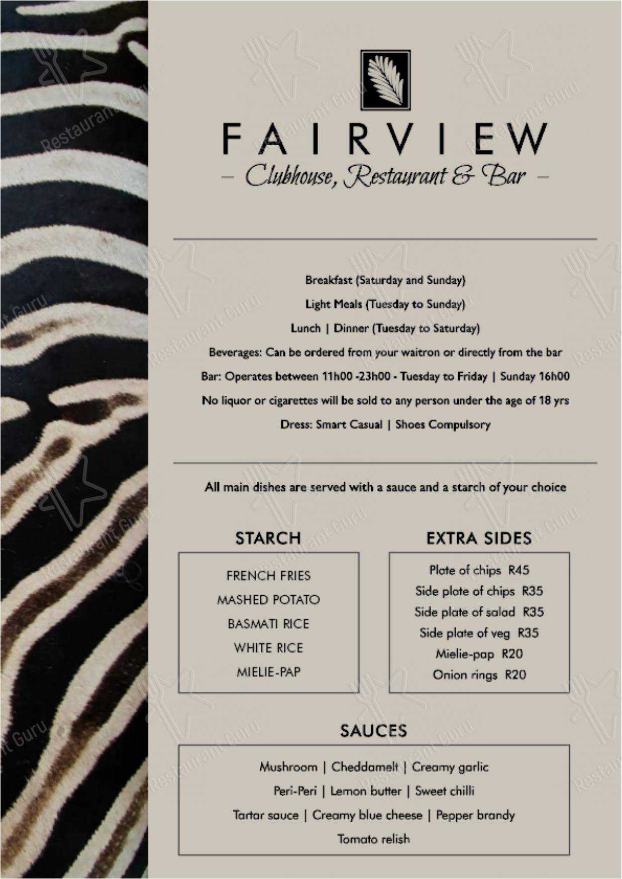 Menu at Fairview Hotels, Spa and Golf Resort restaurant, Tzaneen