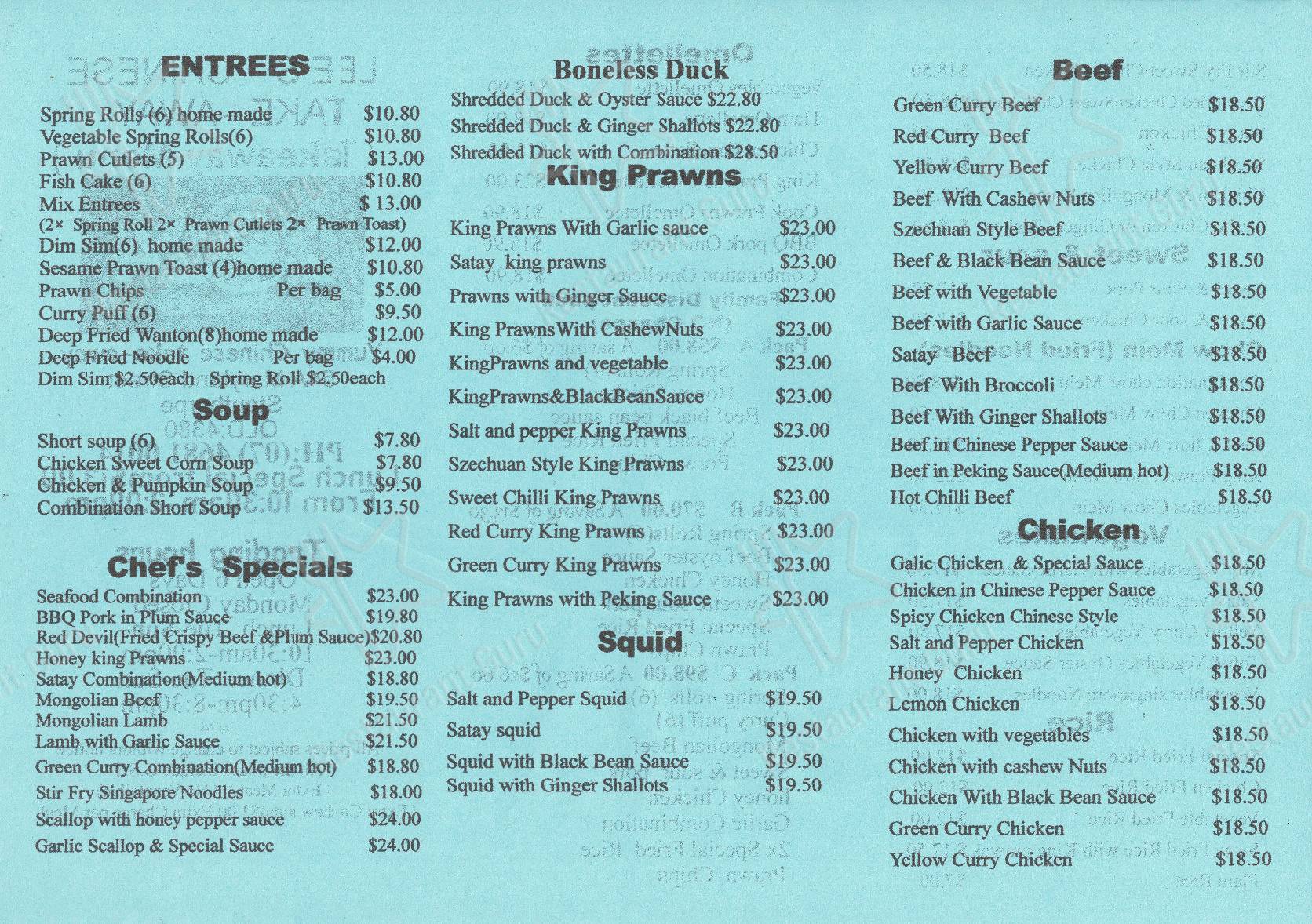 Menu at Lee's Chinese Takeaway fast food, Stanthorpe