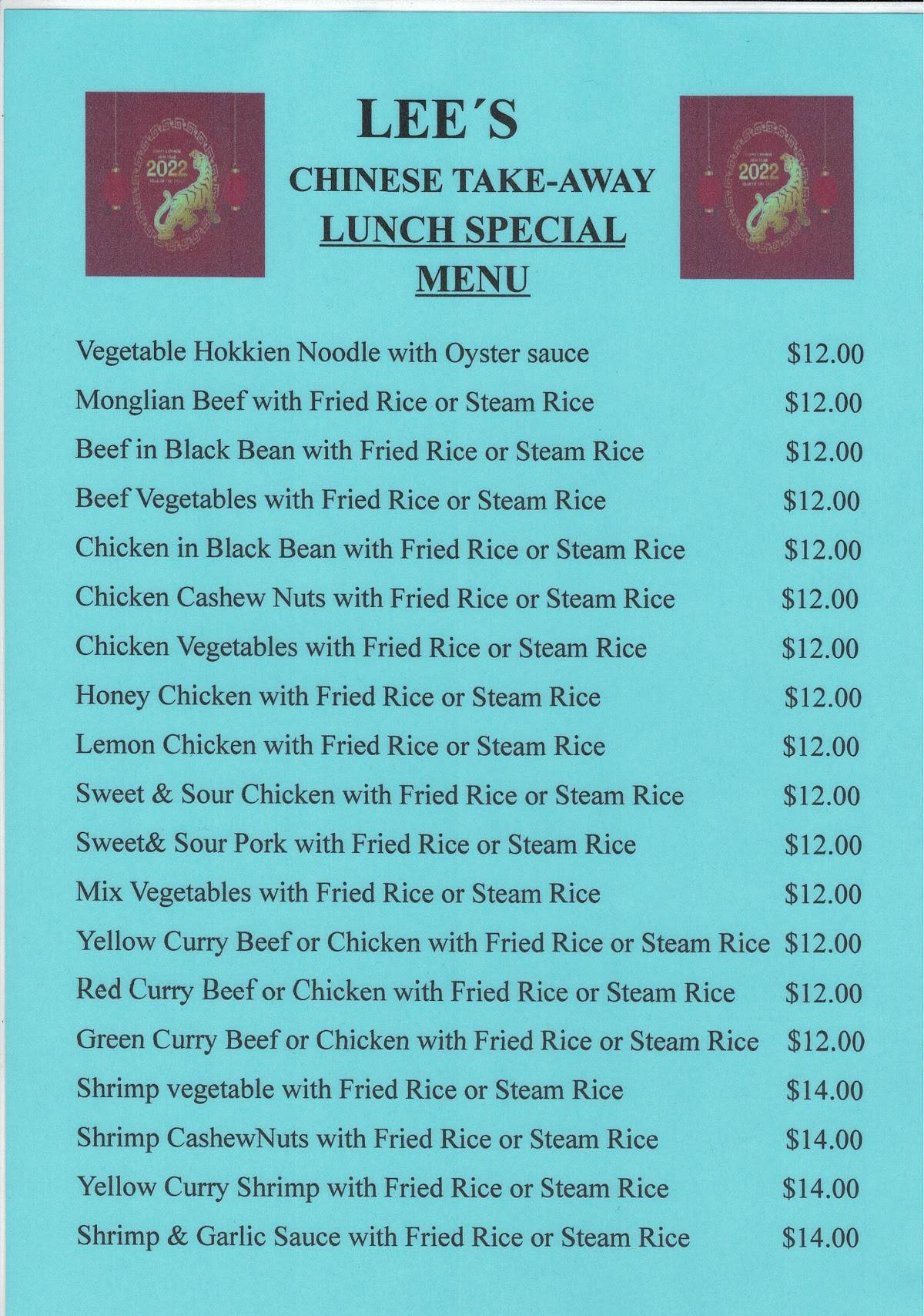 Menu at Lee's Chinese Takeaway fast food, Stanthorpe