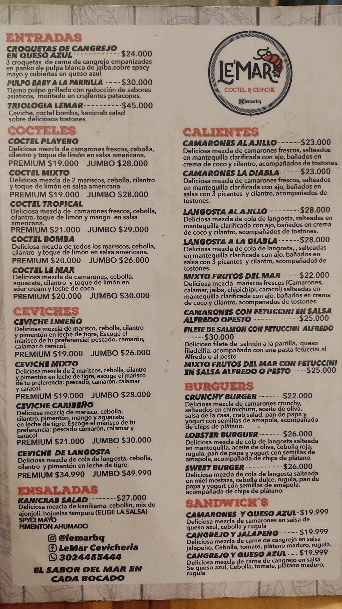 Carta del restaurante Lemar Coctel & Ceviche 96, Barranquilla