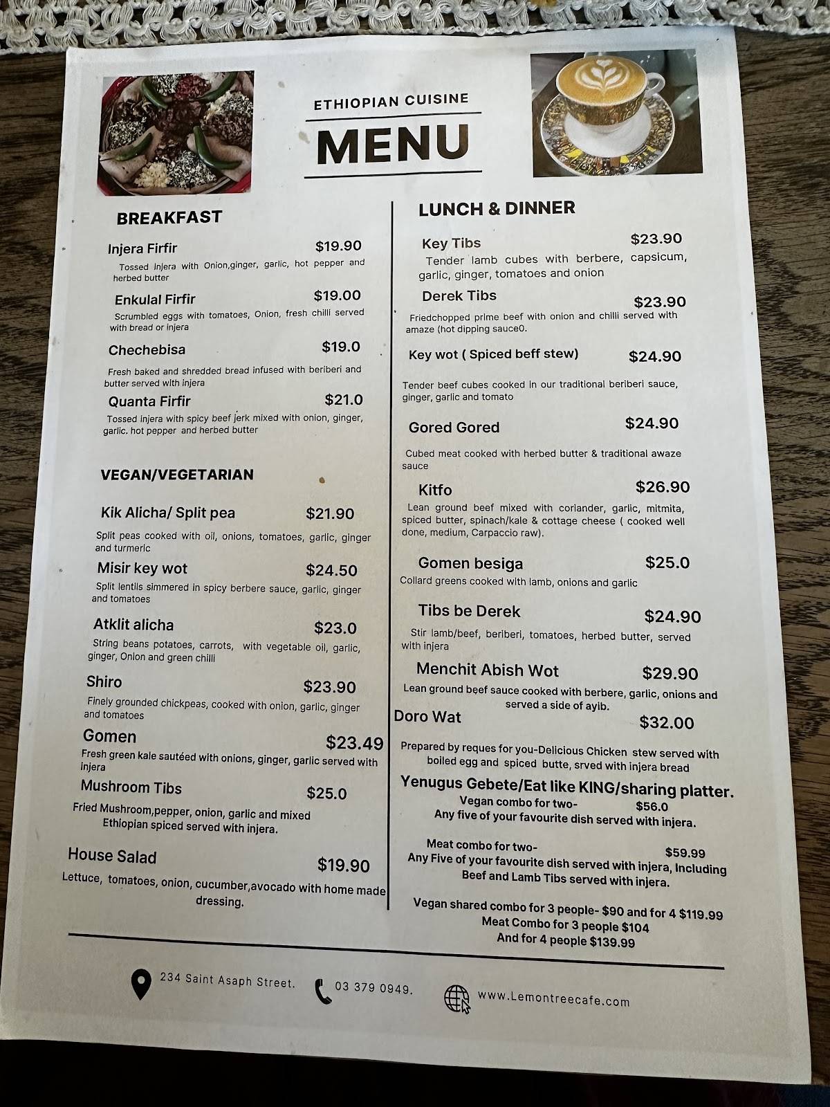 Menu at Lemon Tree Cafe, Christchurch