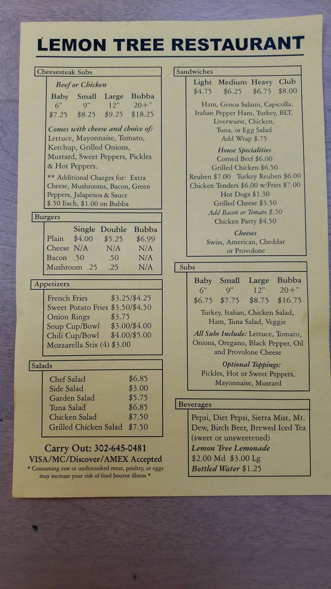 Menu at Lemon Tree Restaurant, Lewes, 416 E Savannah Rd