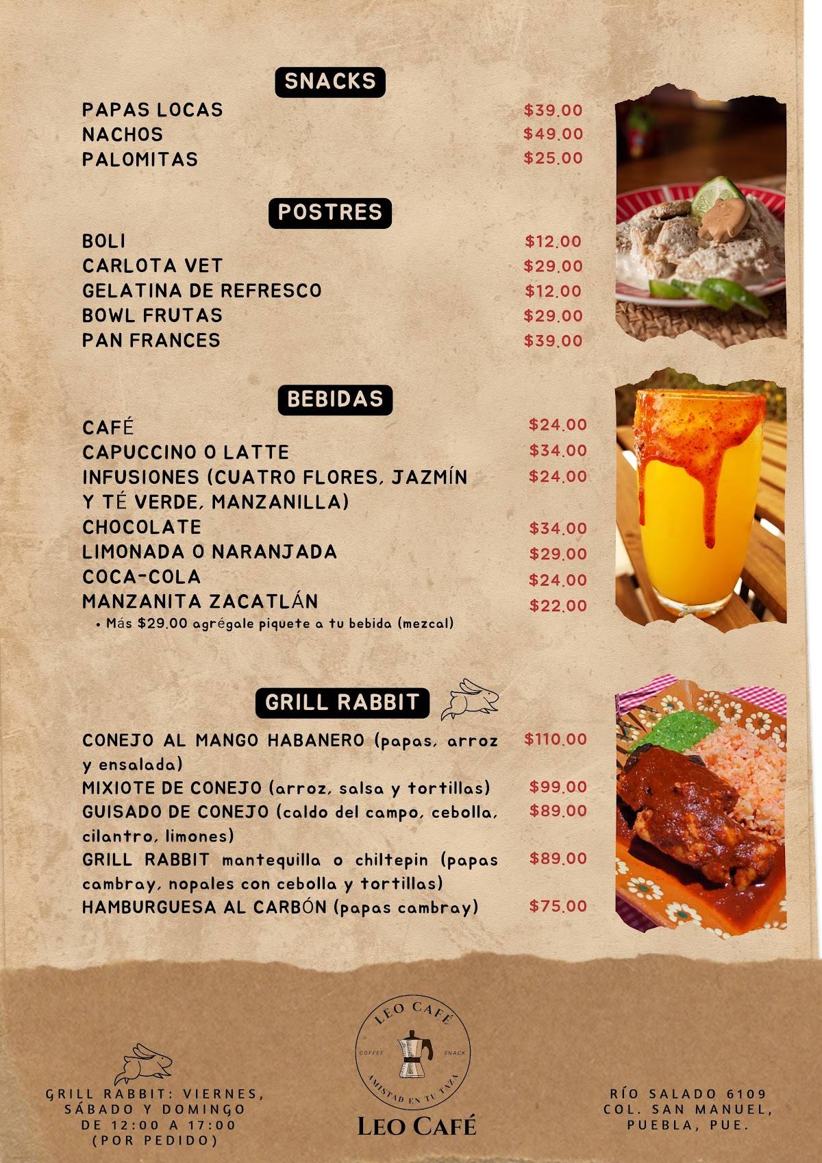 Menu at Leo Café, Puebla City