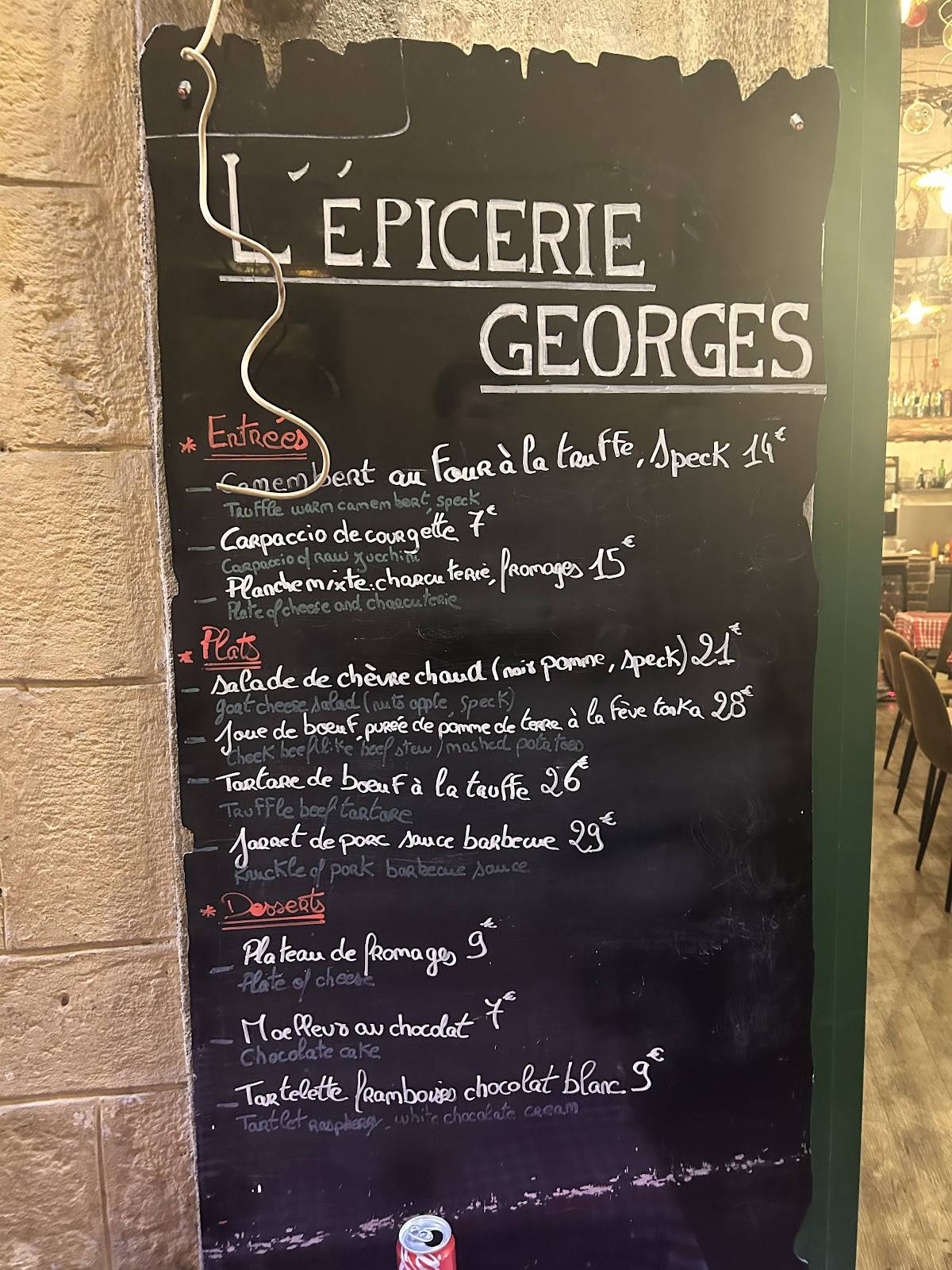 Menu at L'épicerie Georges restaurant, Nice