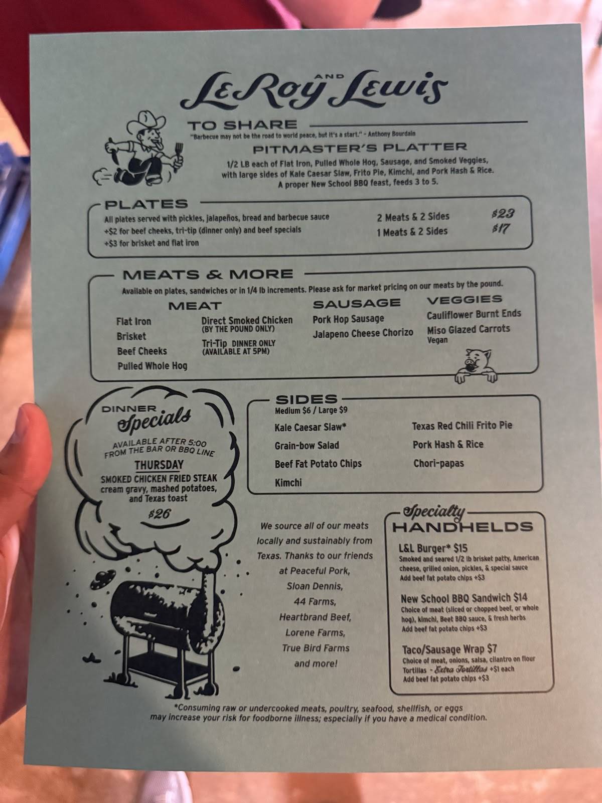 Menu at Leroy and Lewis Barbecue, Austin