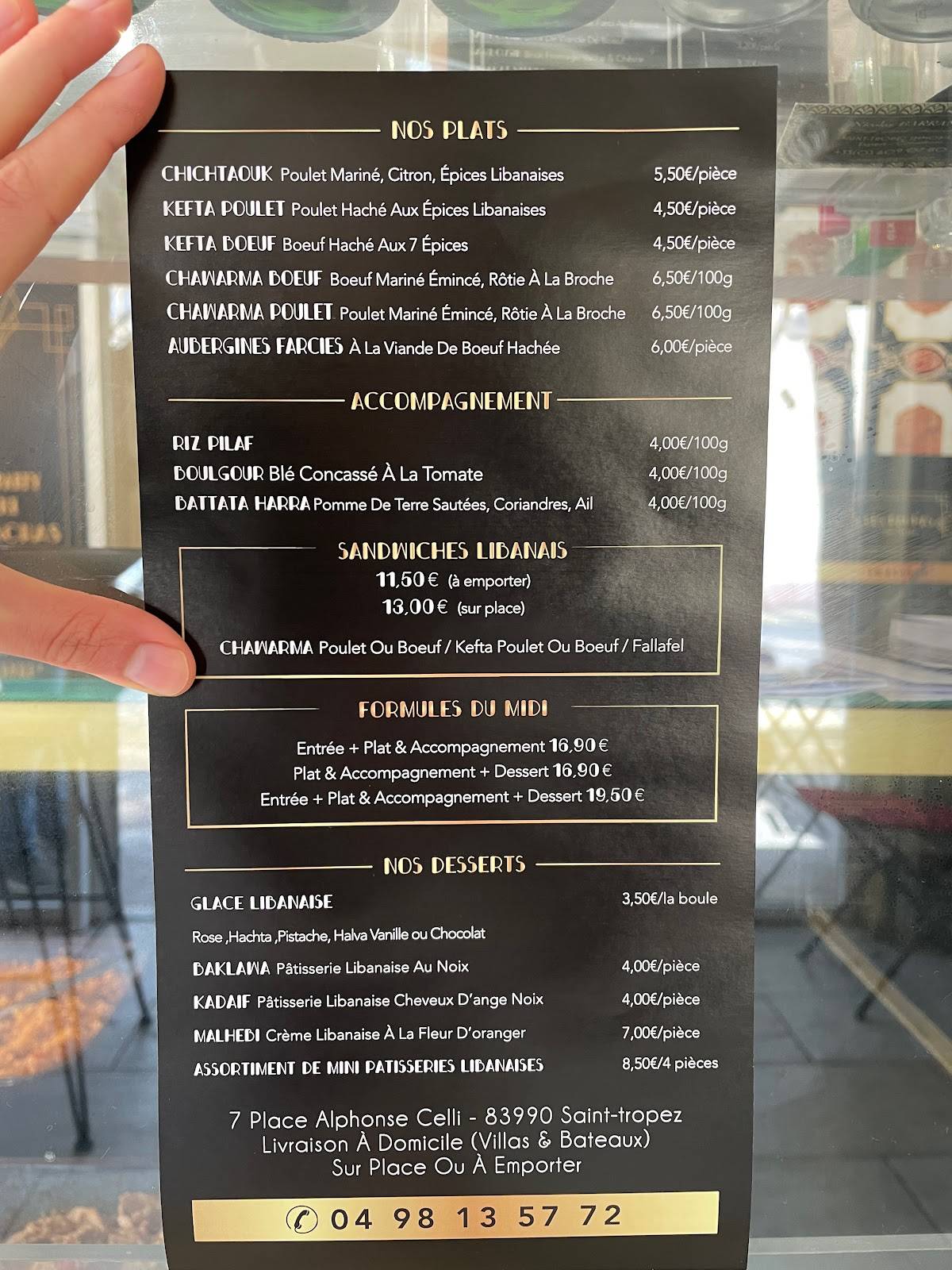 Menu at Les Pachas Marocains restaurant, Saint-Tropez