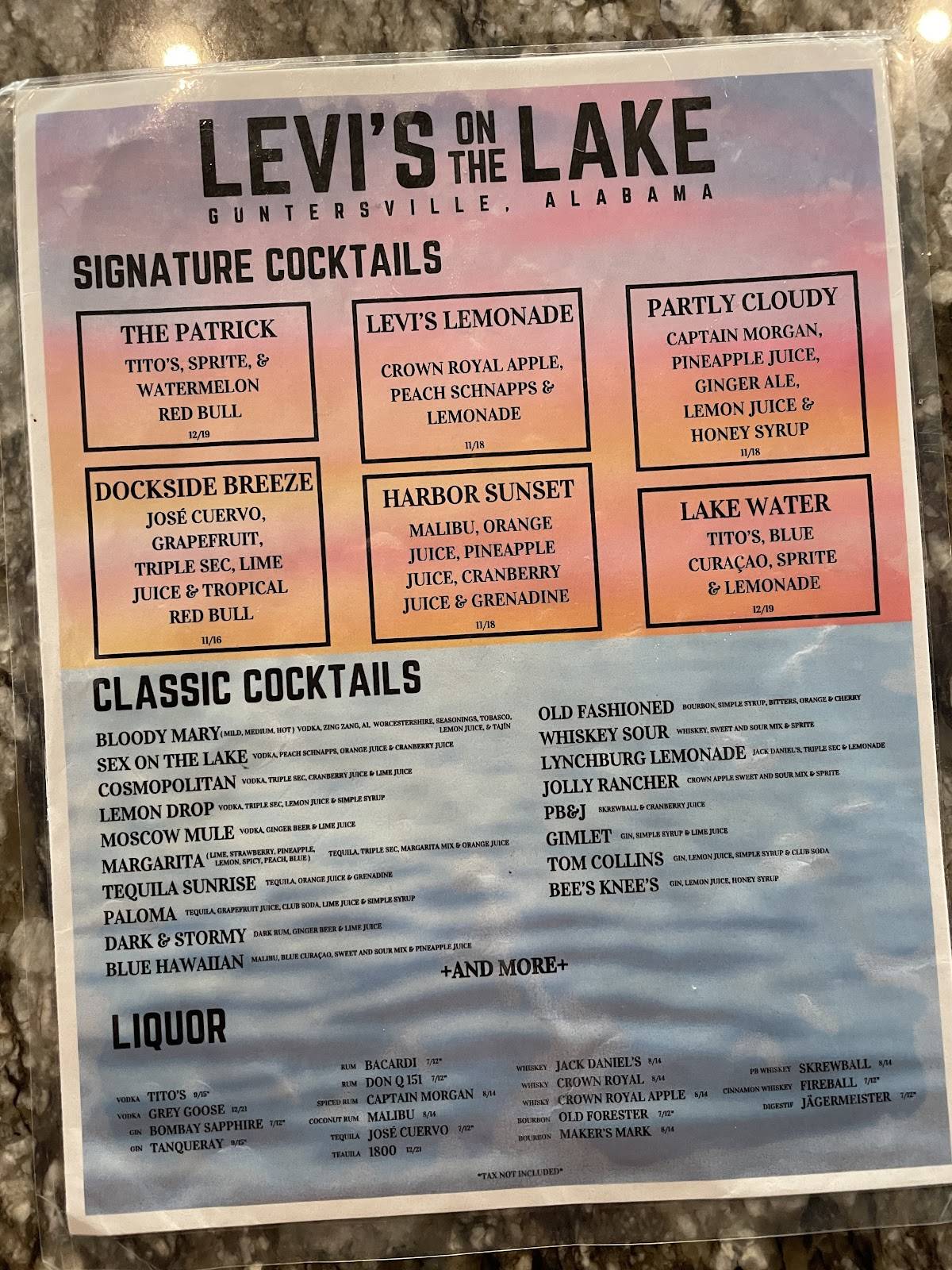Menu at Levi’s On The Lake pub & bar, Guntersville