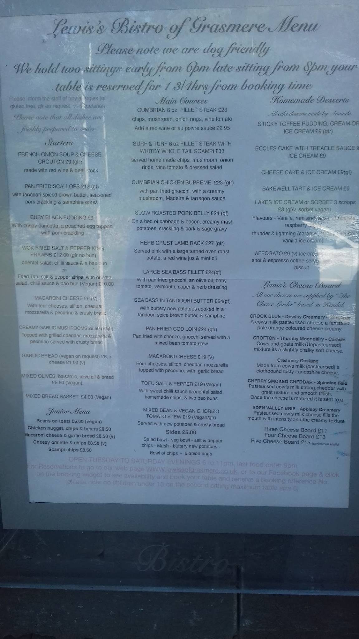Menu at Lewis's Bitro restaurant, Grasmere
