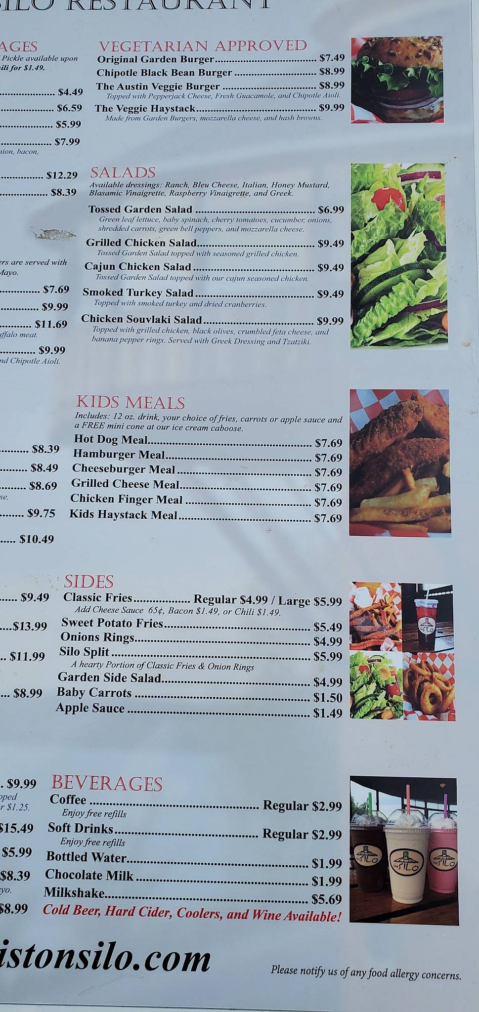Menu at The Silo restaurant, Lewiston