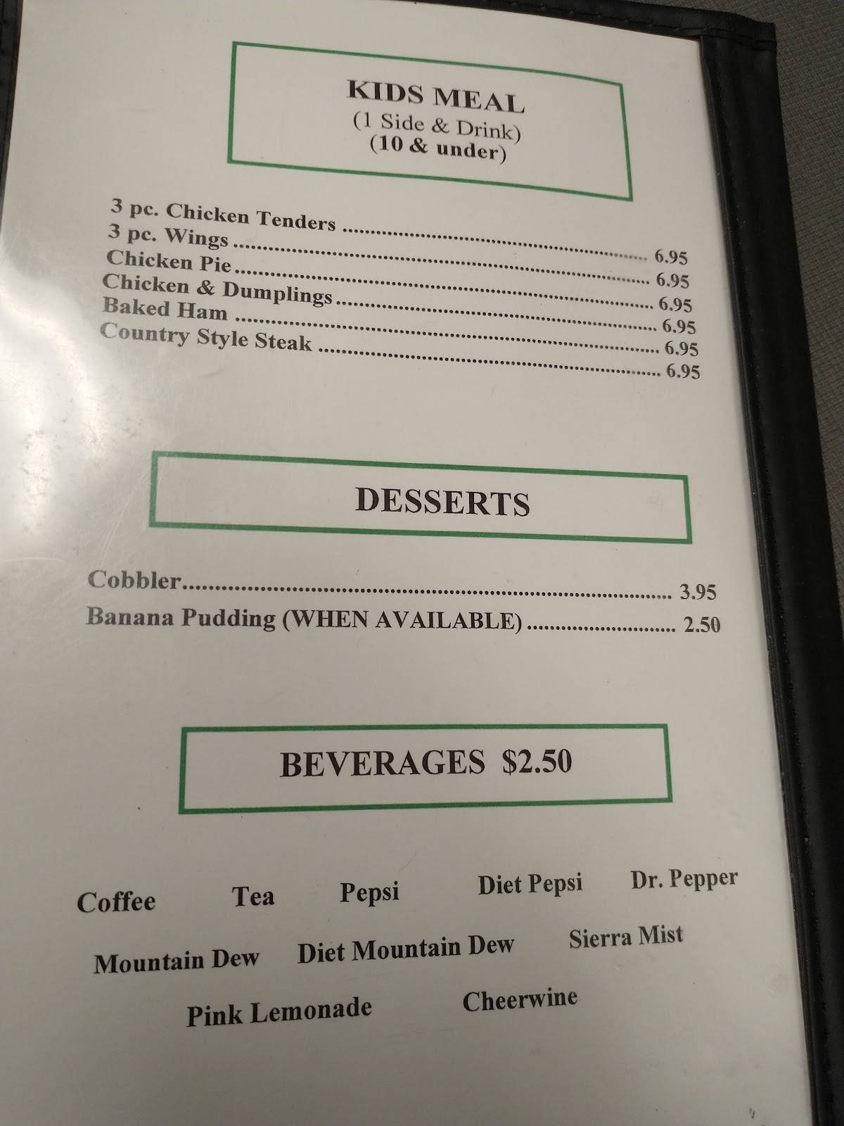Menu at Southern Lunch restaurant, Lexington