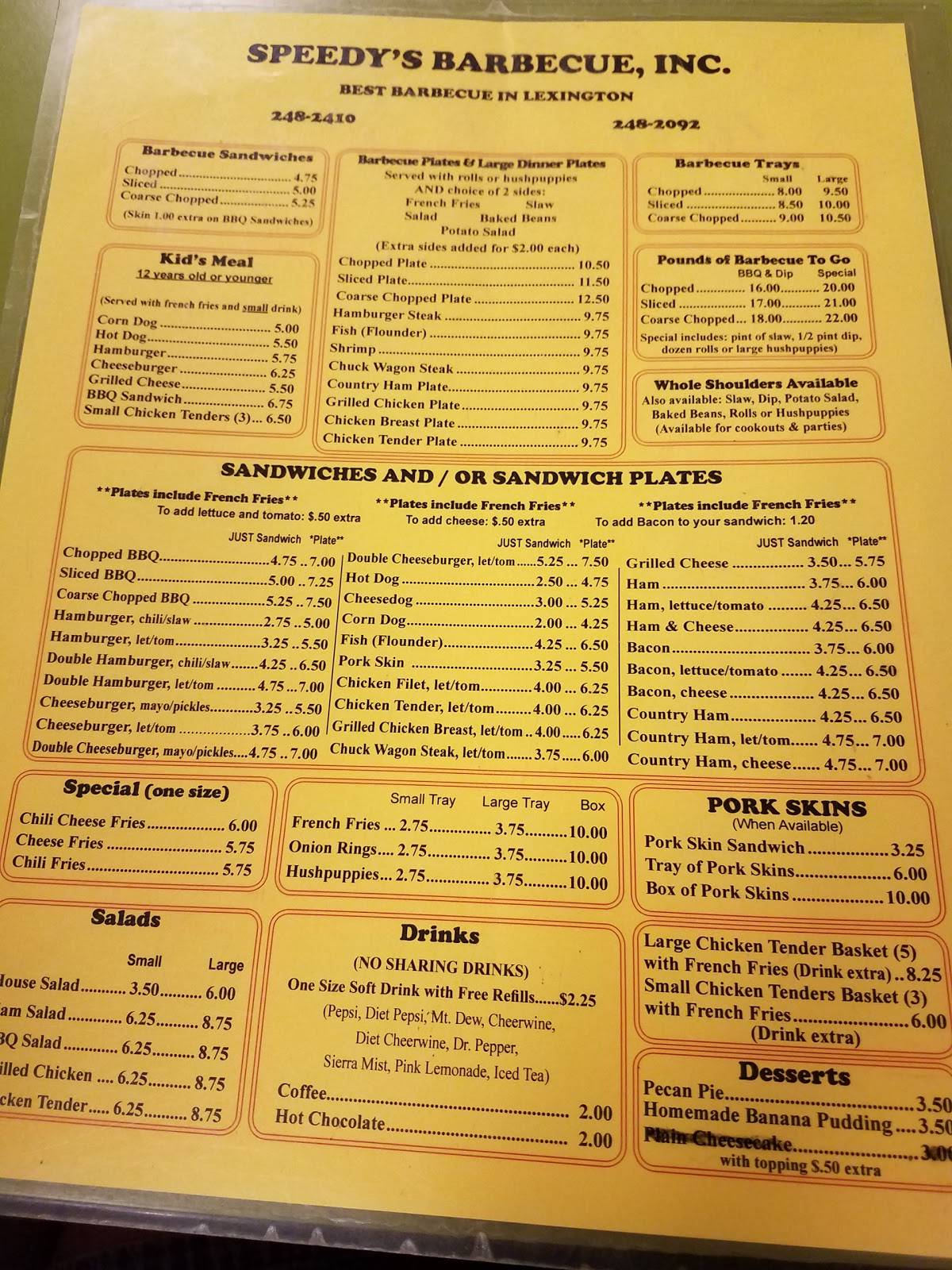 Menu at Speedy's BBQ, Lexington, 408 Piedmont Dr