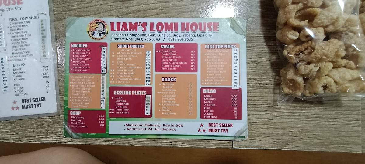 Menu at Liam's Lomi House restaurant, Lipa