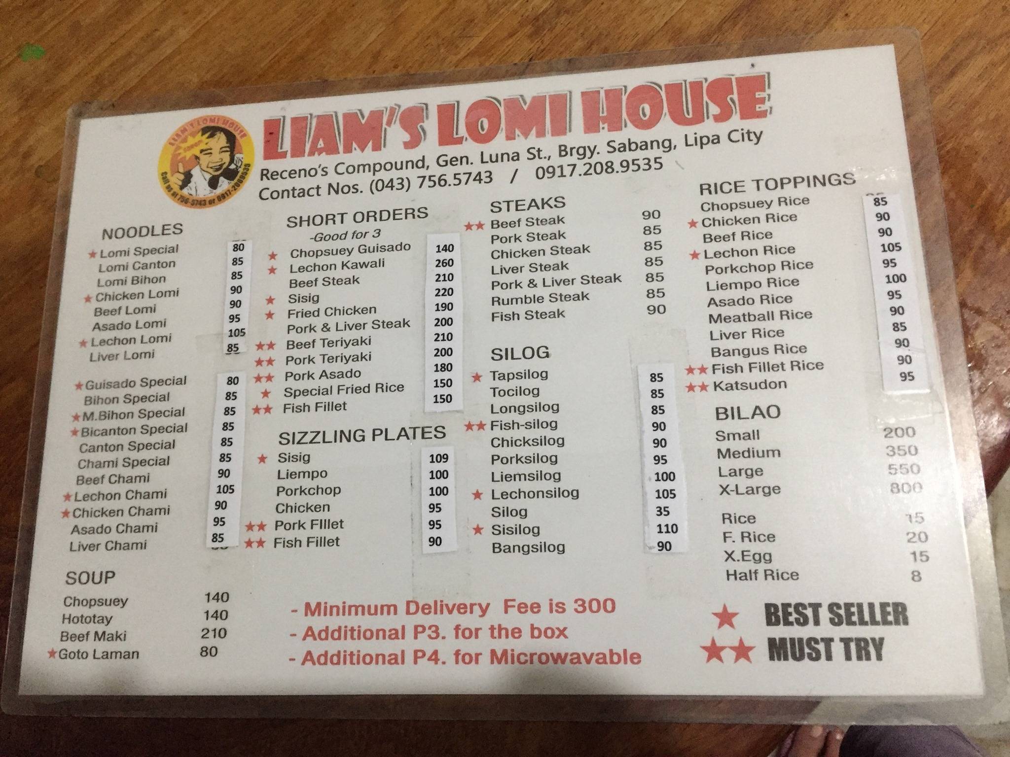 Menu at Liam's Lomi House restaurant, Lipa