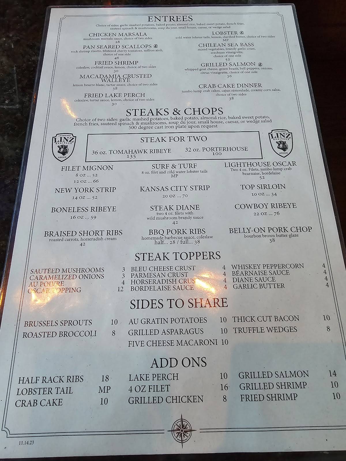 Menu at Lighthouse Restaurant, Cedar Lake