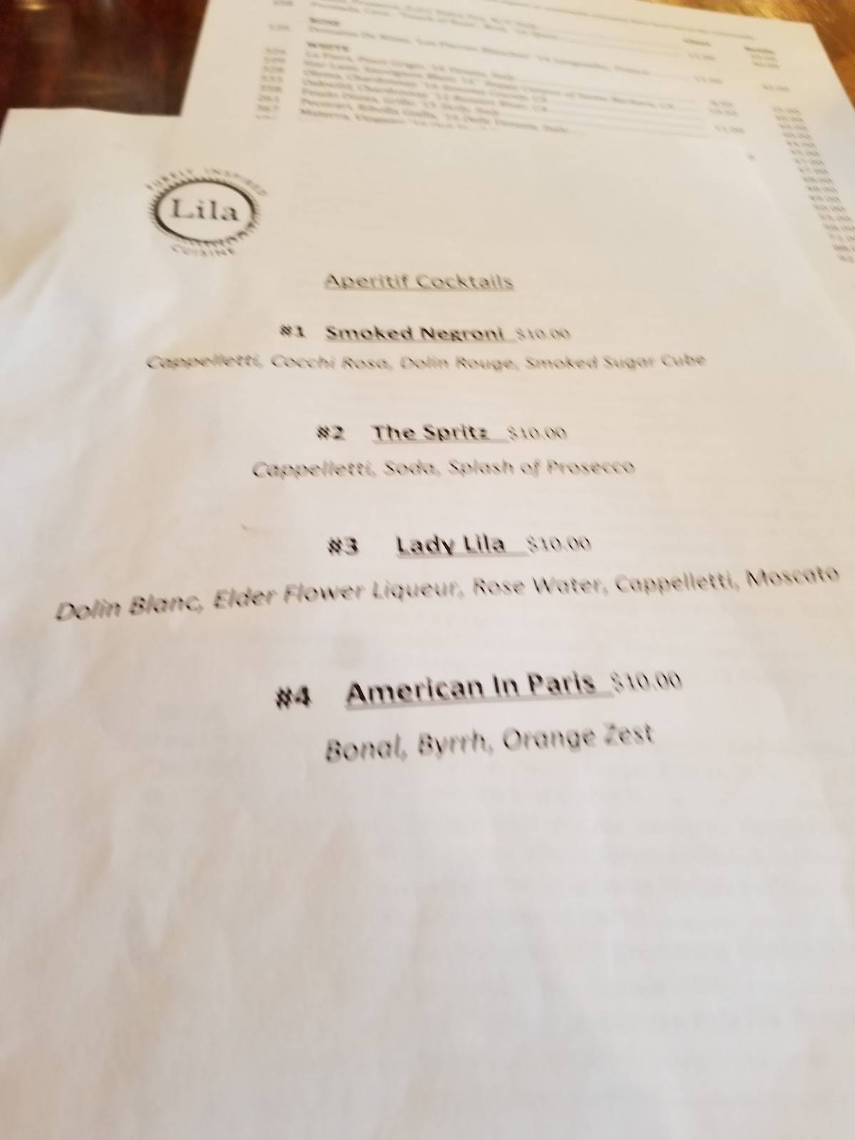 Menu at Lila restaurant, Sarasota