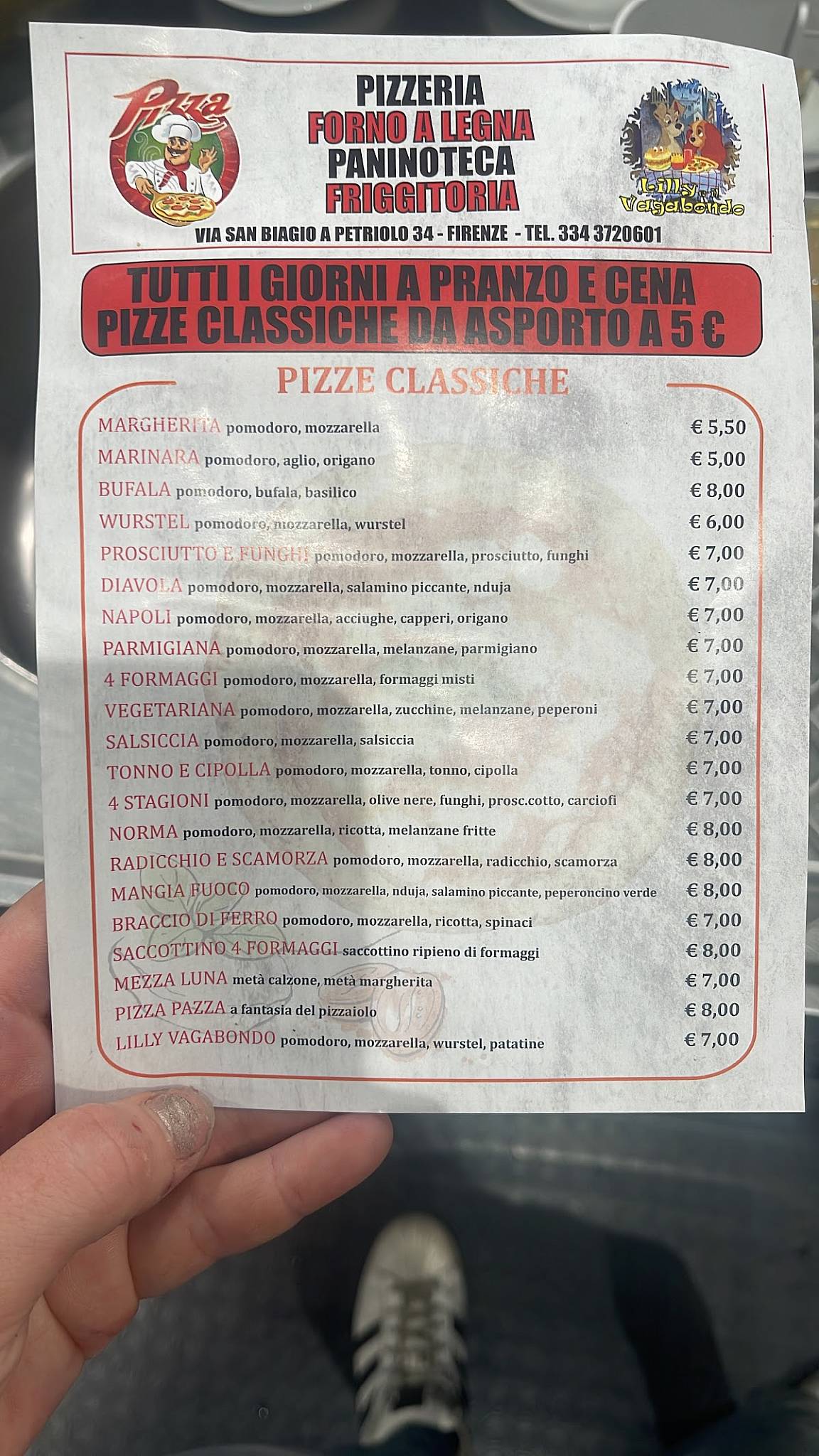 Carta del restaurante Lilly e il vagabondo, Florencia, Via S. Biagio a ...