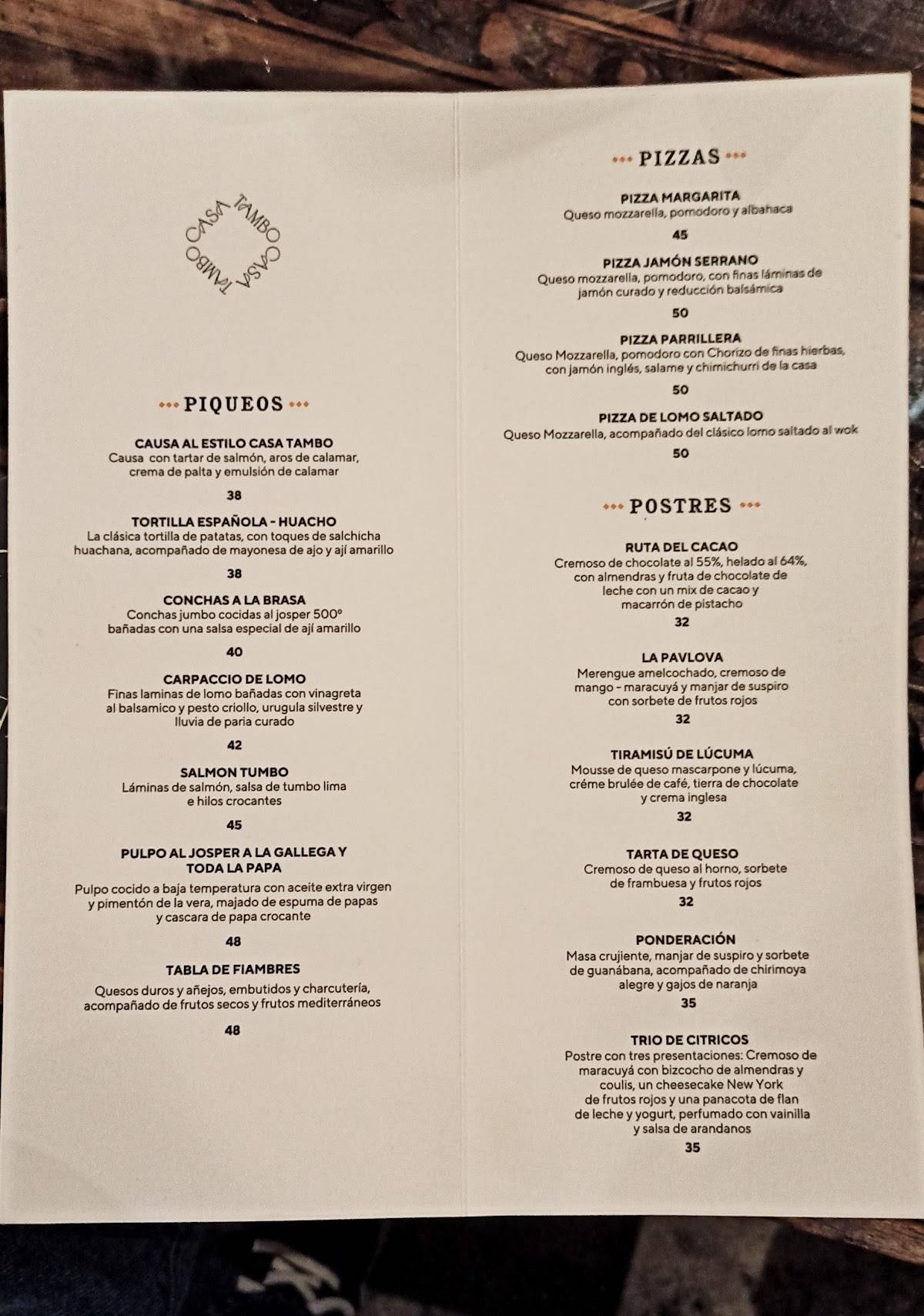 Carta de Casa Tambo Restaurant, Lima
